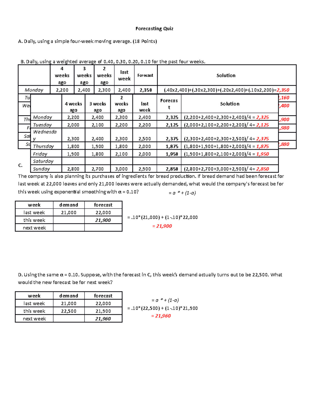 Forecasting quiz - Forecasting Quiz A. Daily, using a simple four-week ...