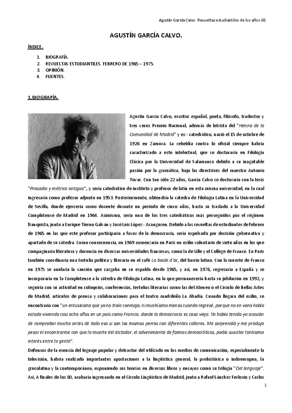 Agustín García Calvo - AGUSTÍN GARCÍA CALVO. ÍNDICE. 1. BIOGRAFÍA. 2 ...