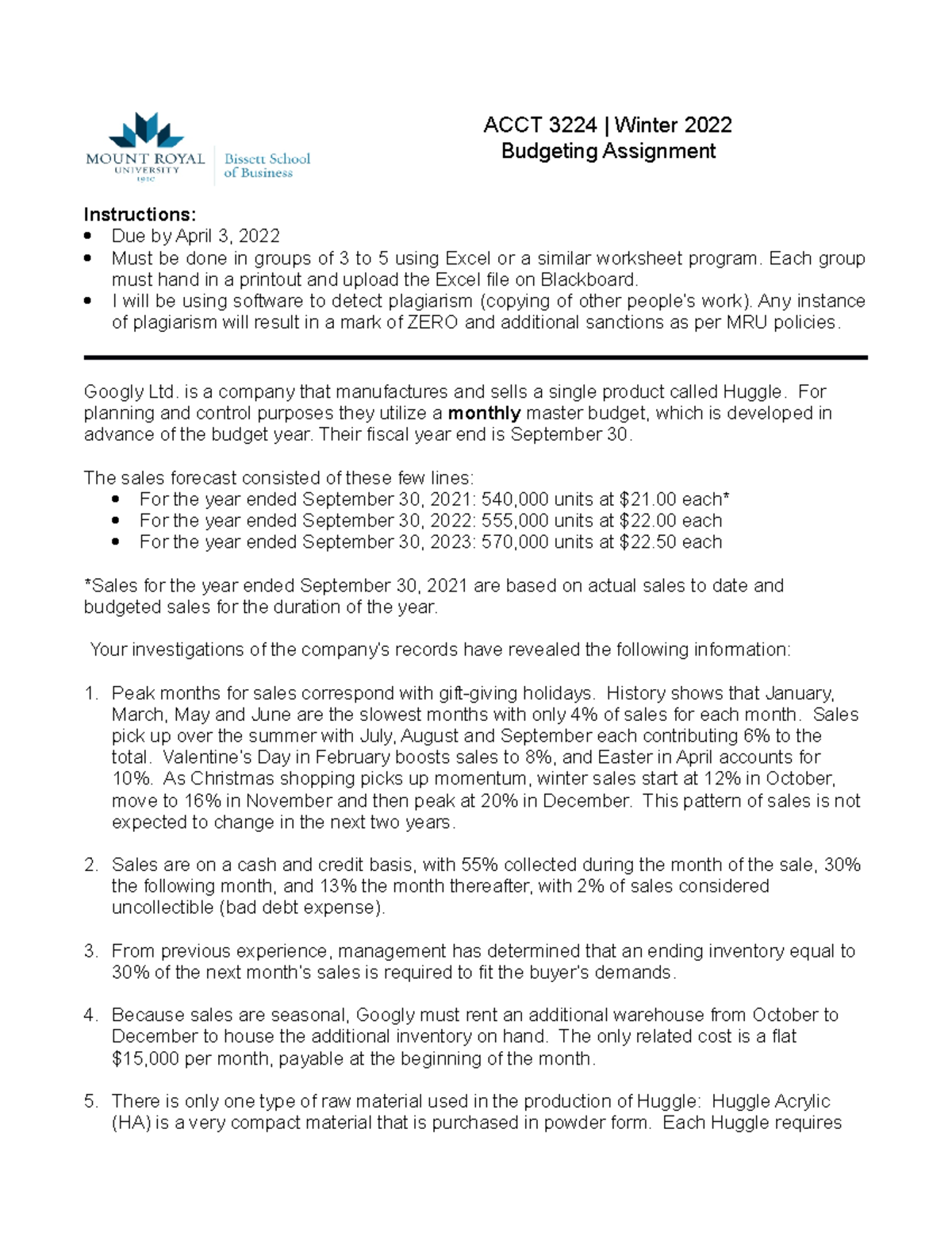 ACCT 3224 Budget Assignment Winter 2022 - ACCT 3224 | Winter 2022 Budgeting Assignment ...