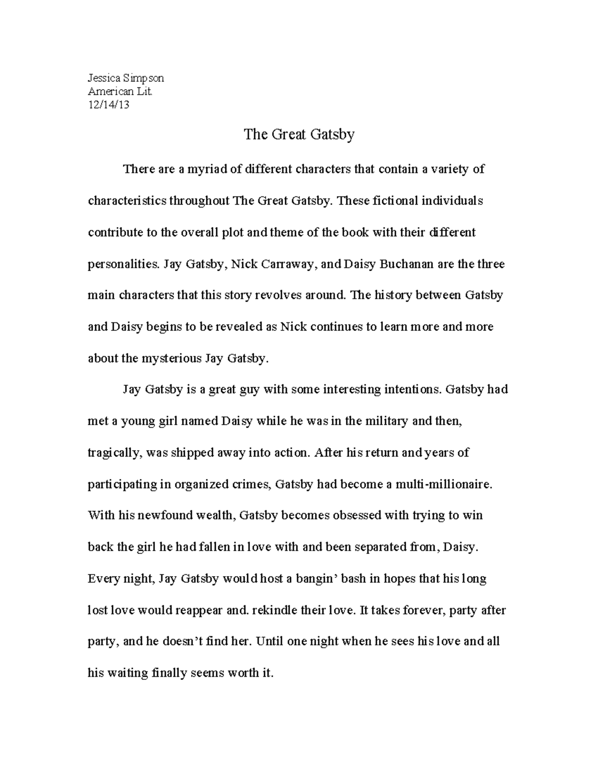 Great Gatsby Character Analysis - Jessica Simpson American Lit. 12/14 ...