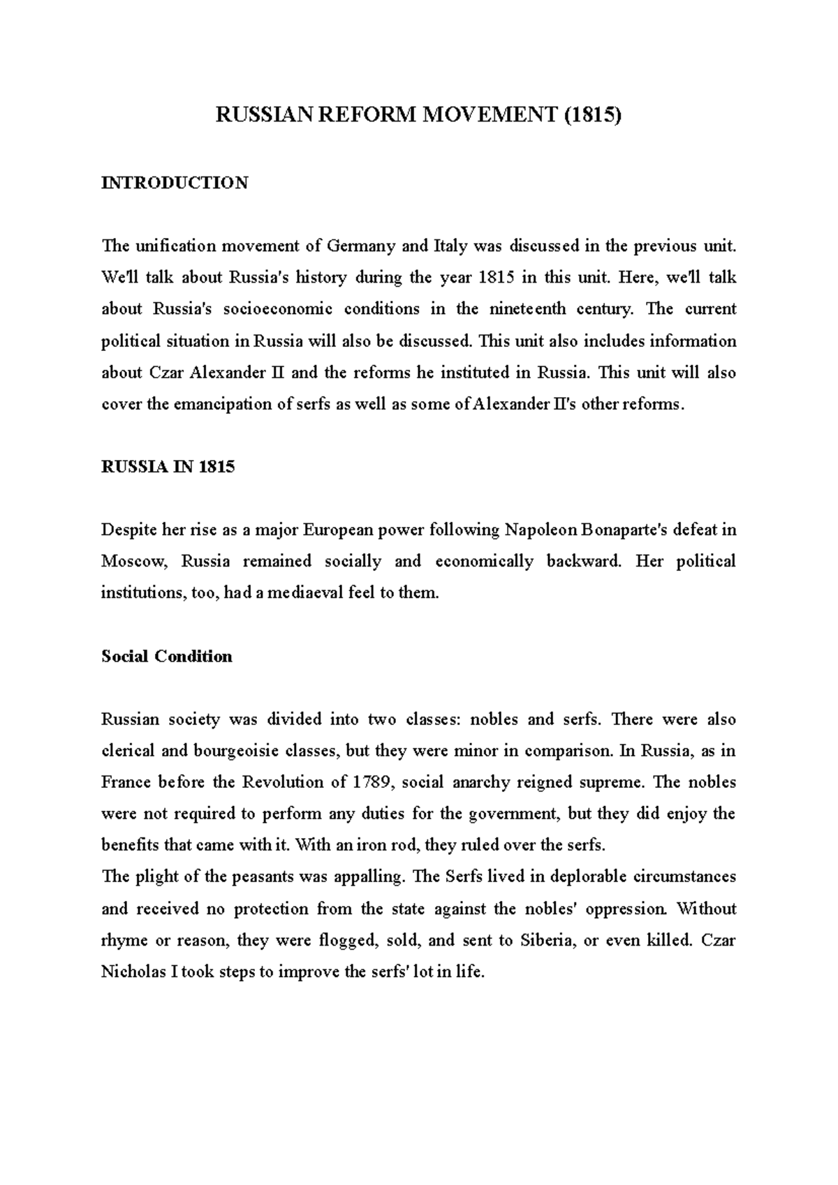 Russian Reform Movement (1815) - RUSSIAN REFORM MOVEMENT (1815 ...