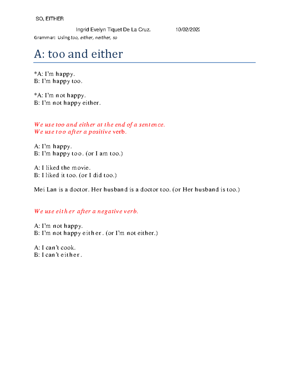 Tarea 2 Either Neither So Too - Grammar: Using too, either, neither, so ...