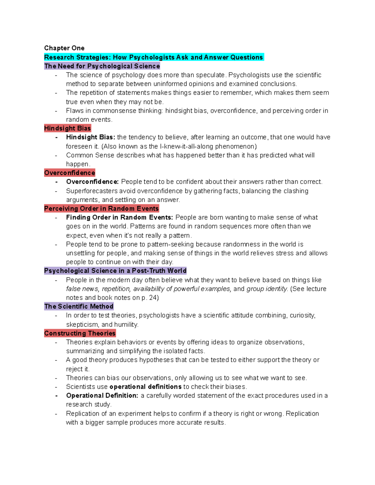 Chapters One and Two from "Psychology" (Myers) - Chapter One Research ...