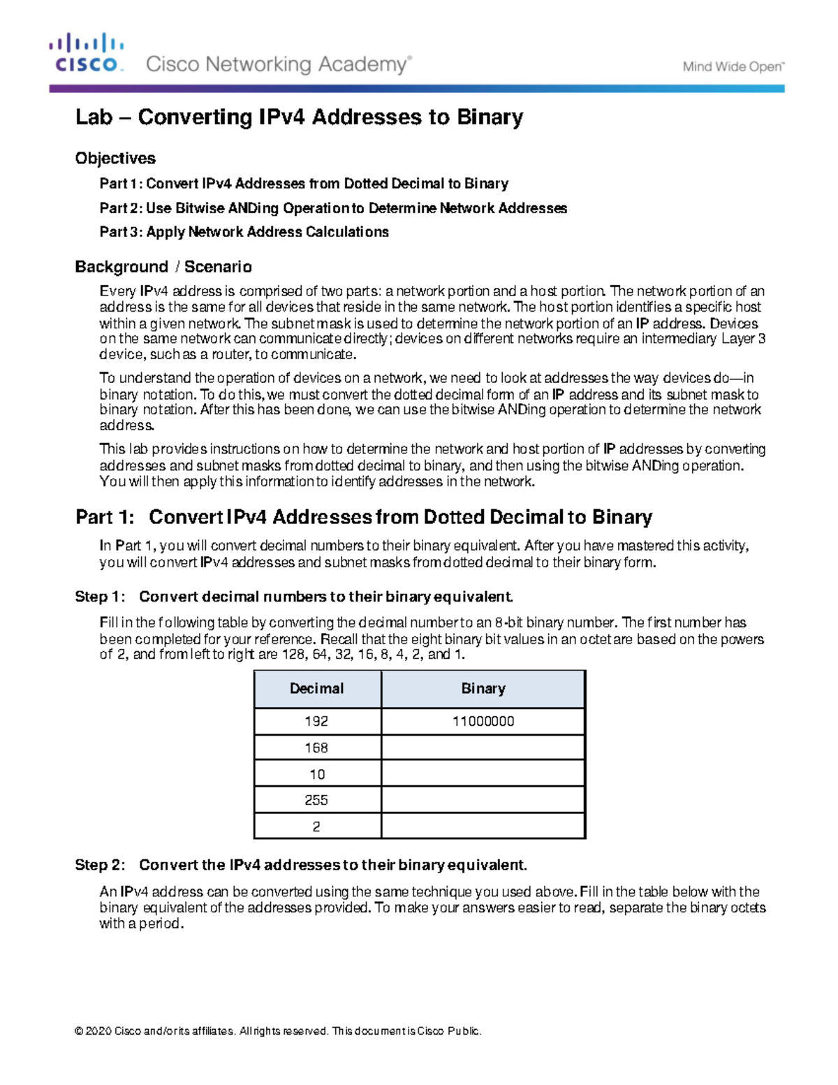 Lab 1.1 Converting IPv4 Addresses to Binary - Objectives Part 1: Convert IPv4 Addresses from ...