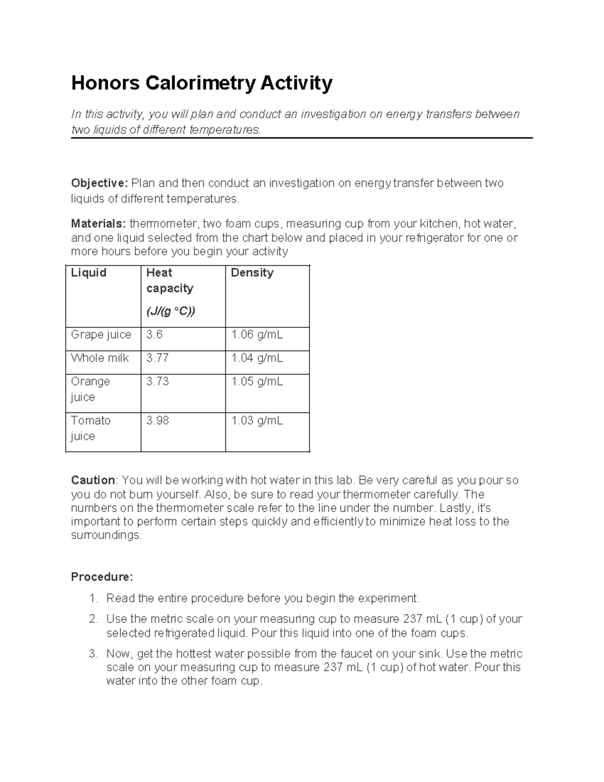 Activity report (20) - Honors Calorimetry Activity In this activity ...
