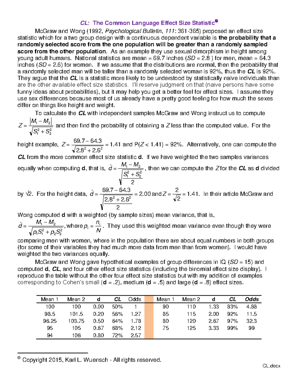 CL The Common Language Effect Size Statistic - CL: The Common Language ...