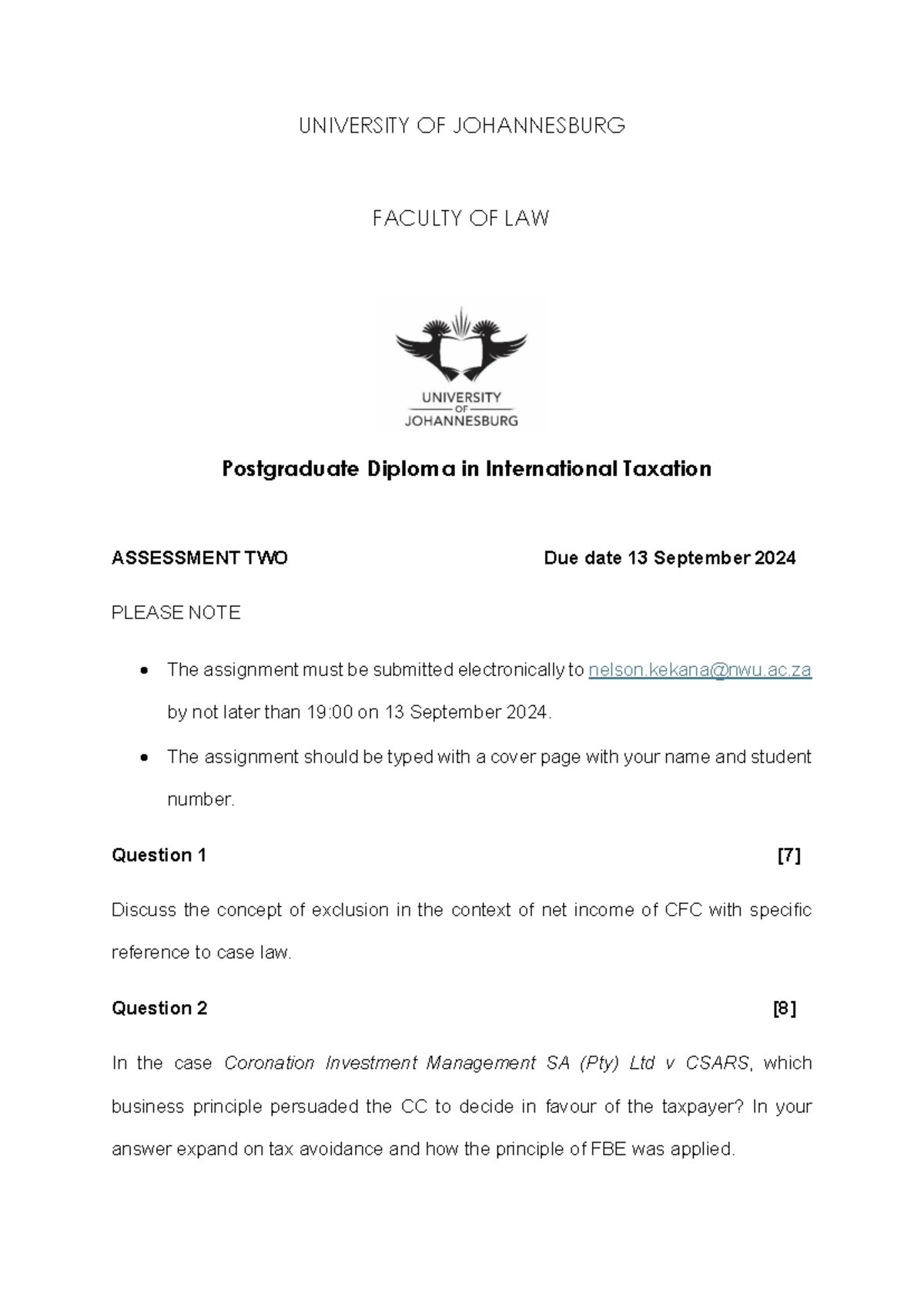 Assessment Two International Taxation UJ - UNIVERSITY OF JOHANNESBURG ...