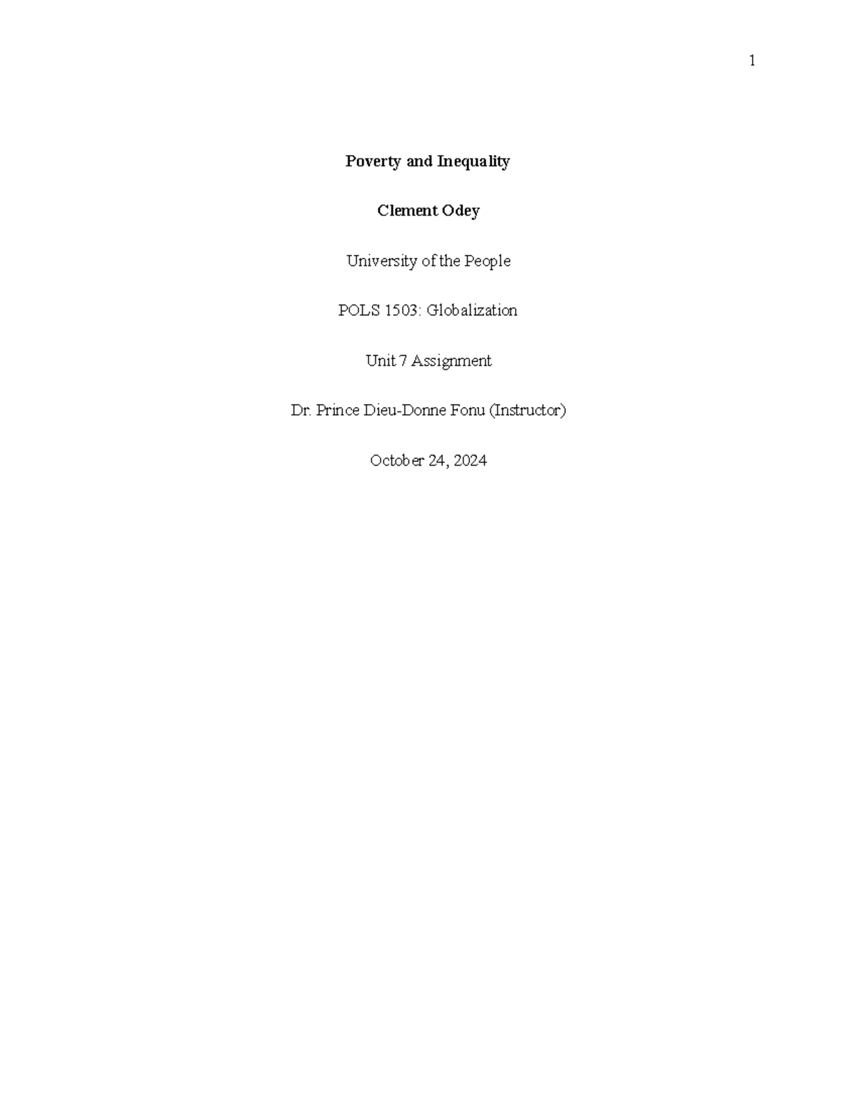 POLS 1503 Assignment Activity Week 7 Submission - Poverty and Inequality Clement Odey University ...