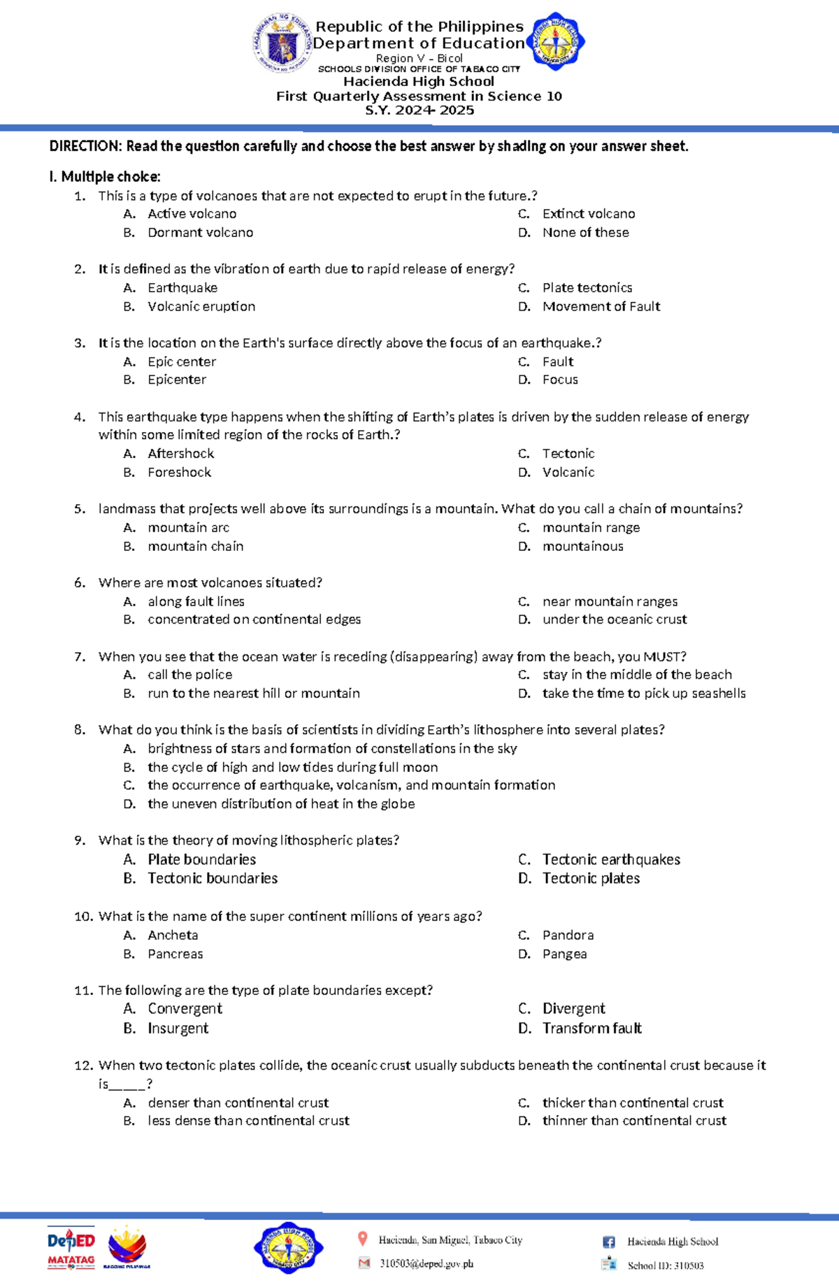 1ST Quarterly EXAM Science 10 - Department of Education Region V ...
