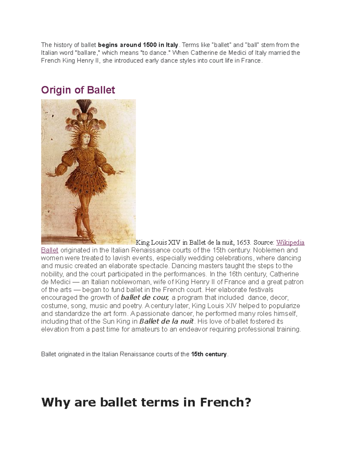 The history of ballet - DL_P - The history of ballet begins around 1500 ...