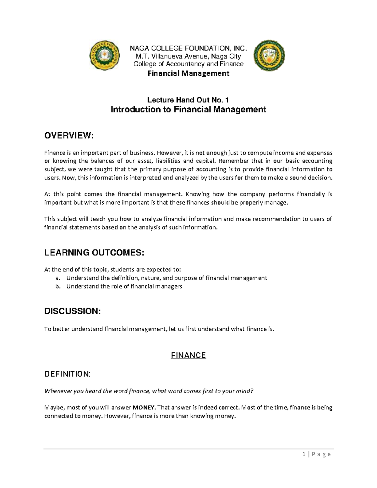 Lecture-Handout-No - Nyahahwwiwikw - NAGA COLLEGE FOUNDATION, INC. M ...