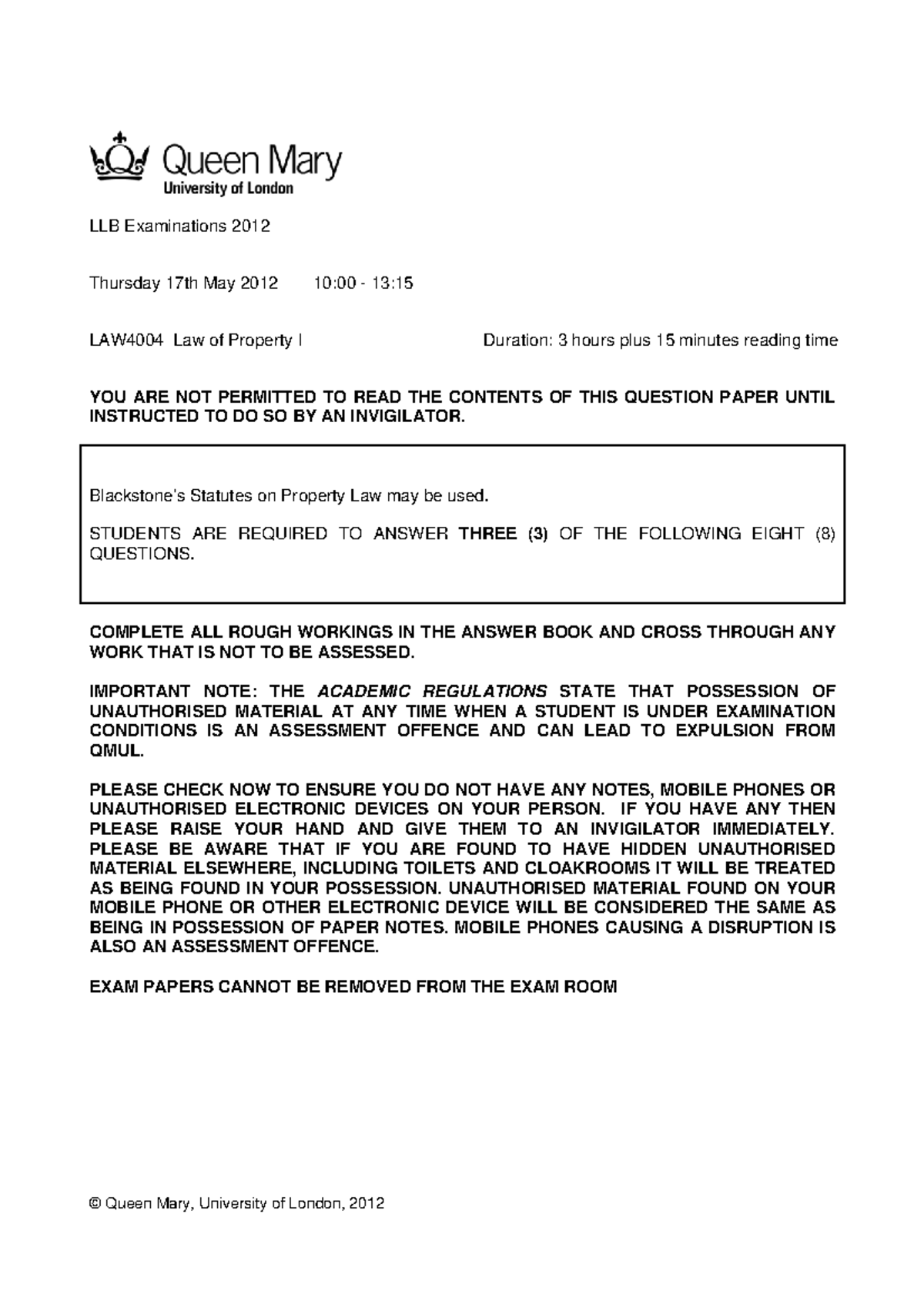 2012 - LAW4004 Law of Property I exam paper - LAW4006 - QMUL - Studocu