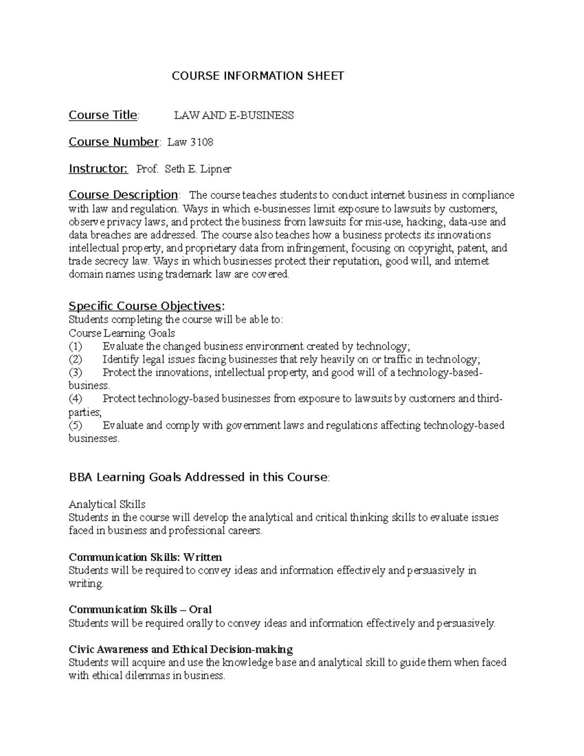 E-law syllabus Spring 23 - (1) - COURSE INFORMATION SHEET Course Title ...