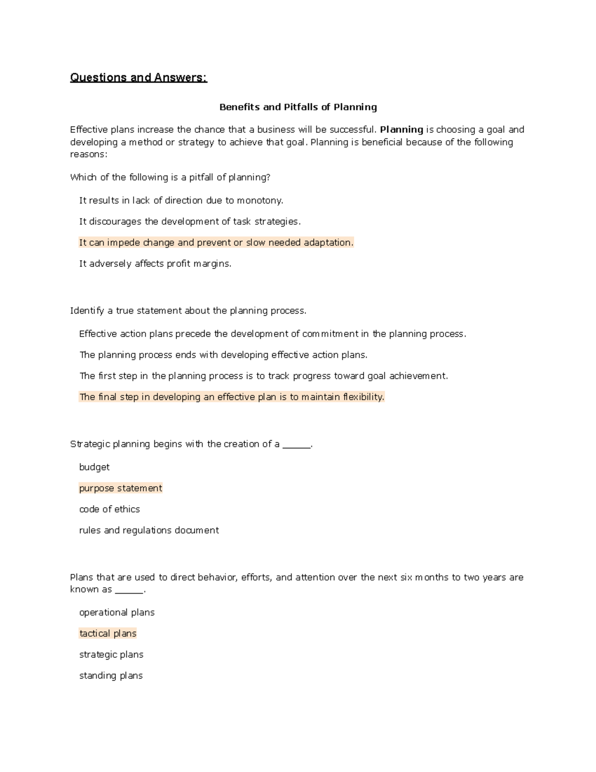 Principles of Management (Planning and Decision Making) - Questions and ...