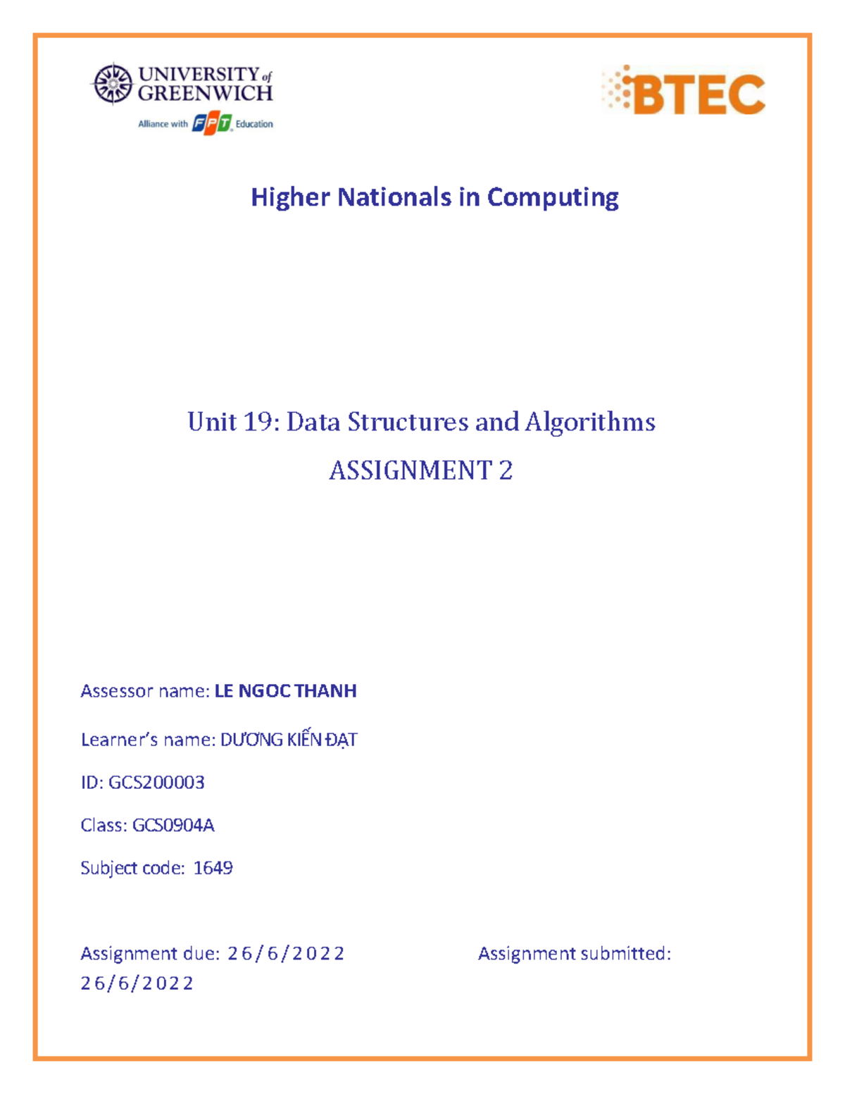 1649 GCS2000 03 Duong Kien Dat Assignment 2 - Higher Nationals in Computing Unit 19: Data ...