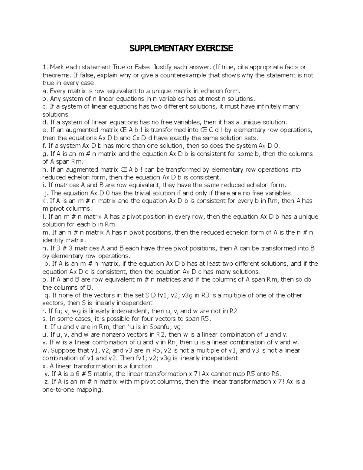 Supplementary Exercise - SUPPLEMENTARY EXERCISE Mark each statement ...