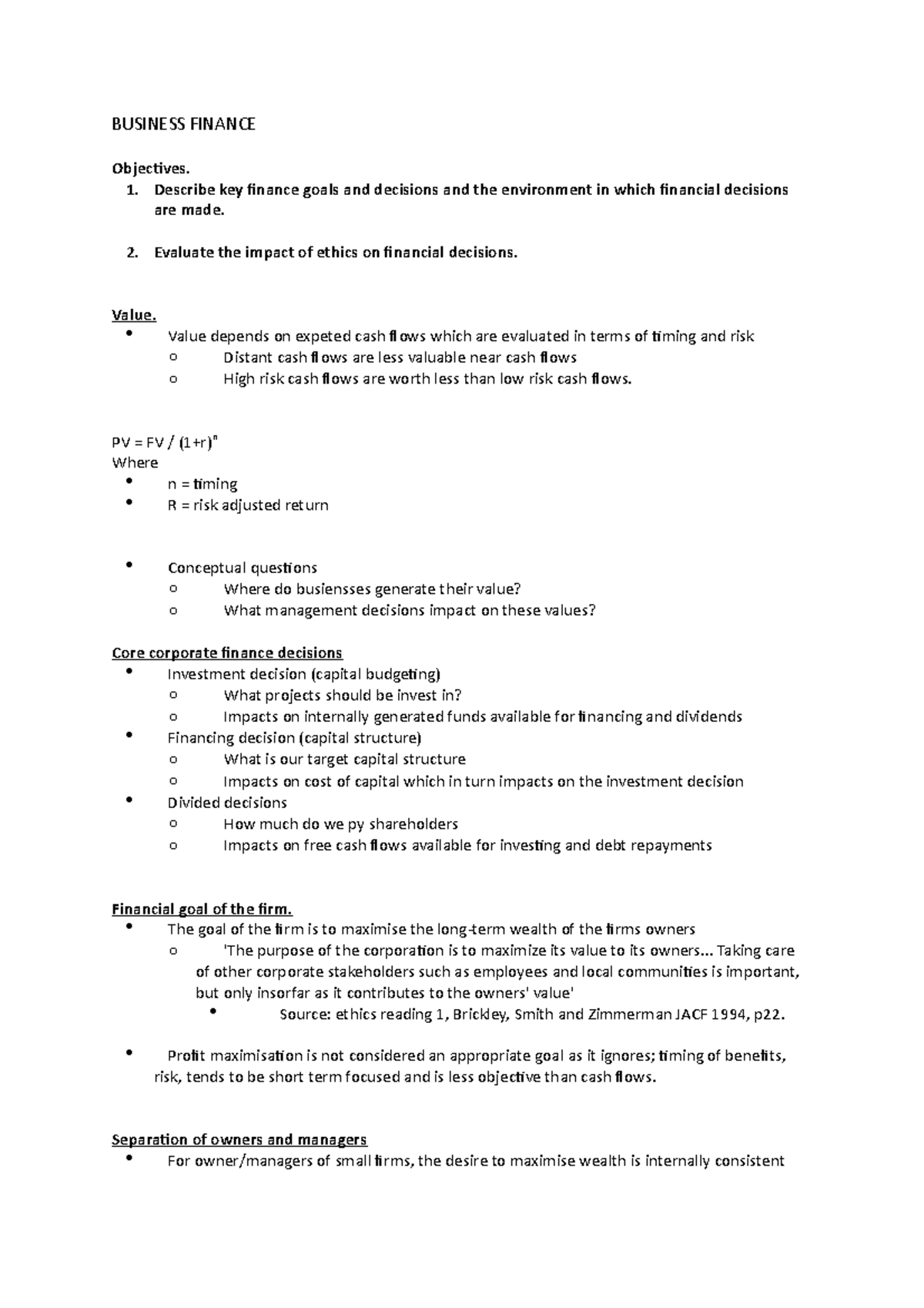 Business Finance Notes - BUSINESS FINANCE Objectives. 1. Describe key ...
