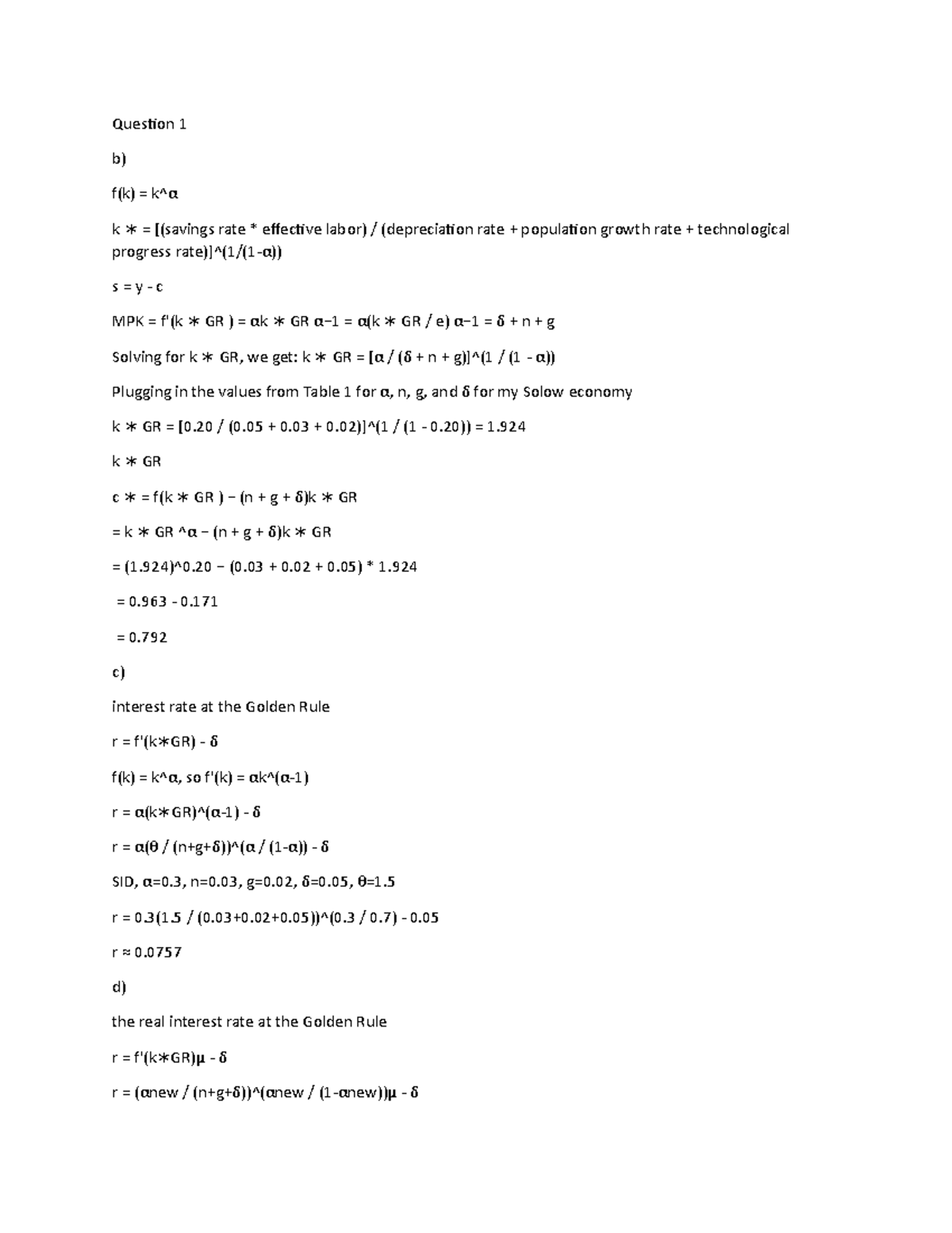 Question 1 - practice material for applied physics - Question 1 b) f(k) = k^α k ∗ = [(savings ...