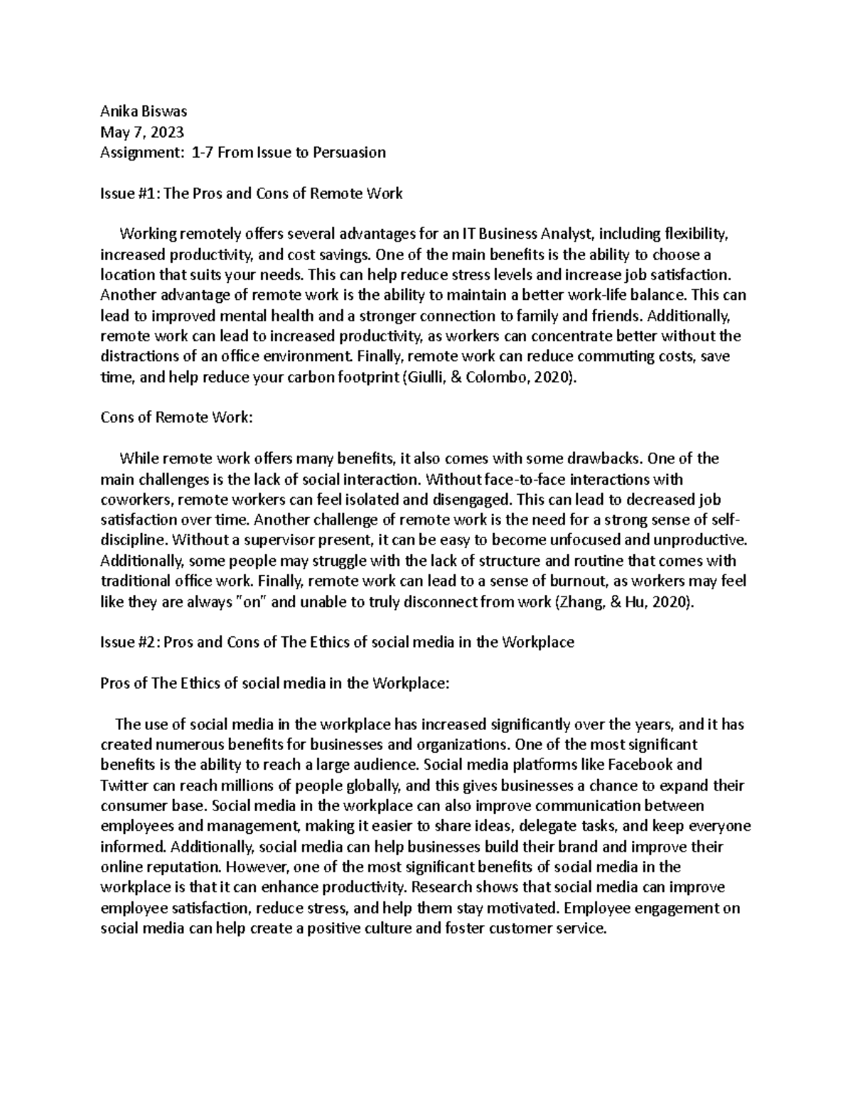 Assignment- 1-7 From Issue to Persuasion - Anika Biswas May 7, 2023 ...