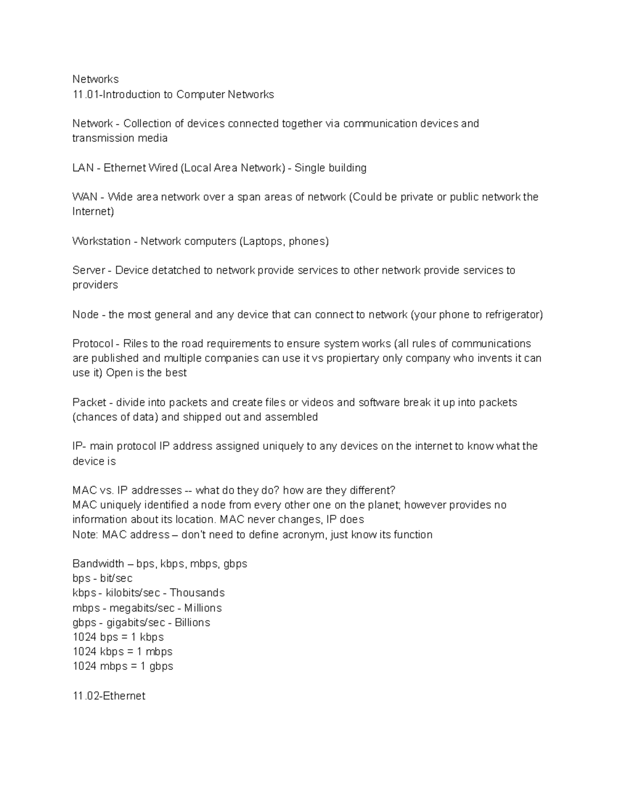 Week 11 - Networks - Networks 11-Introduction to Computer Networks Network - Collection of ...