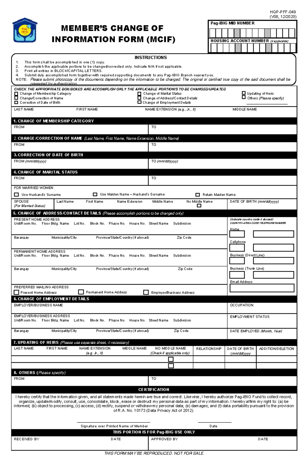 PFF049 Members Change Information Form - Hotel and Resort Management ...