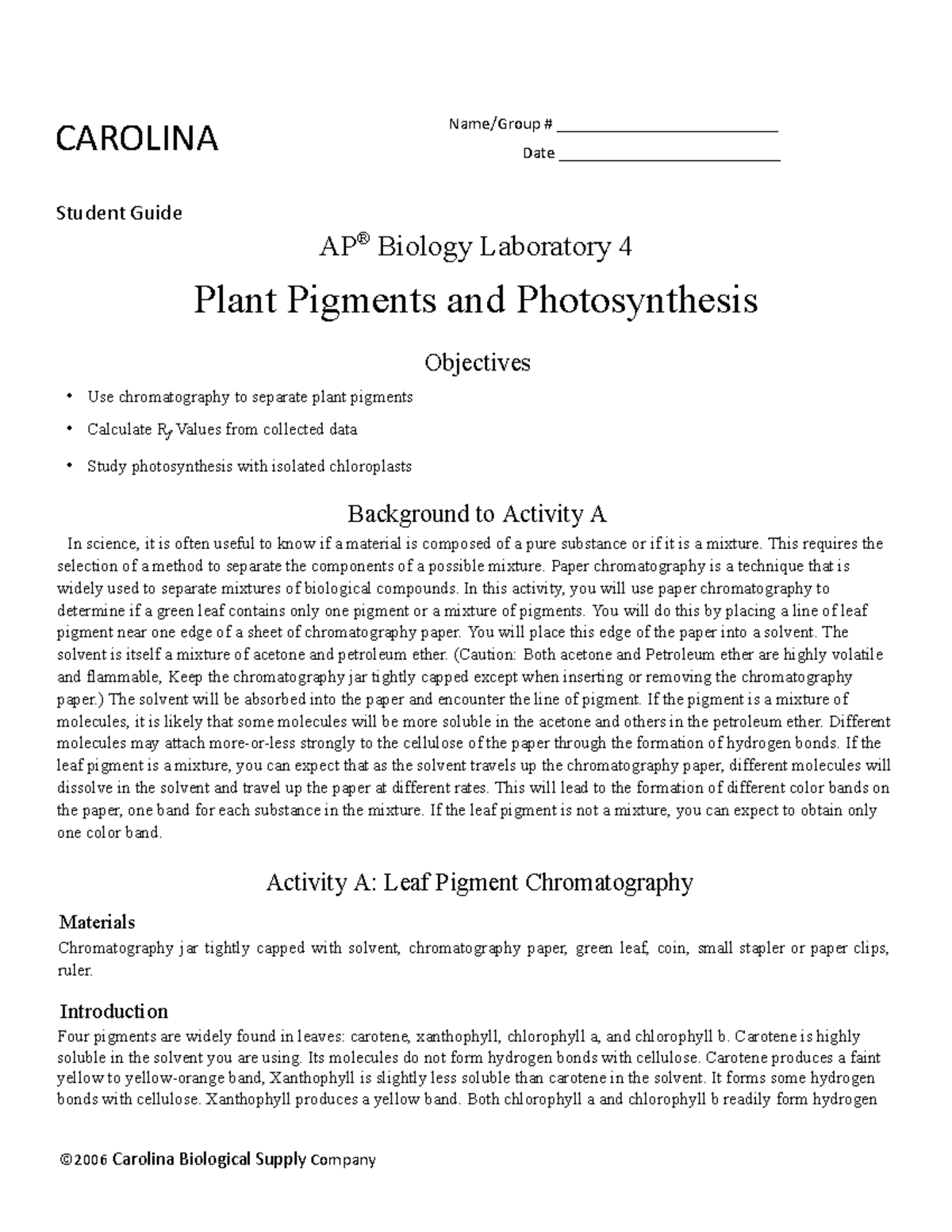 Photosynthesis Pigment Lab - CAROLINA Name/Group ...