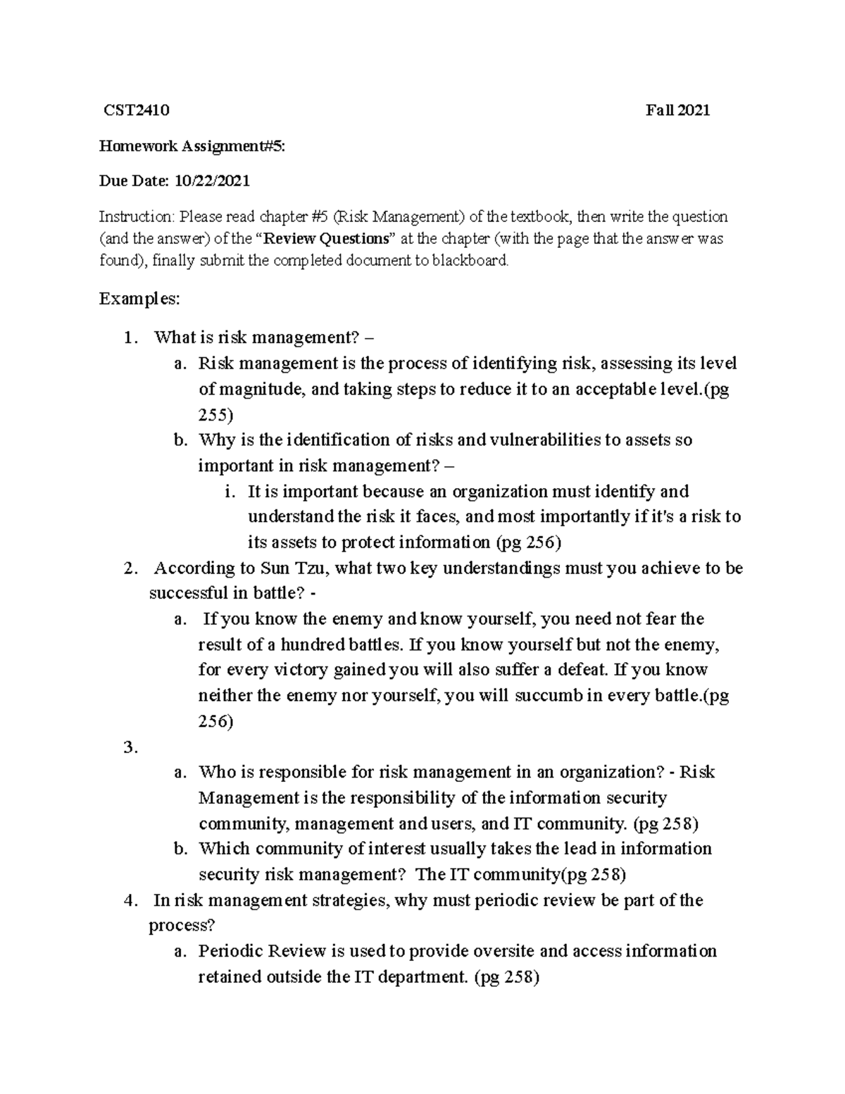 HW Assignment#5 - Risk Management - CST2410 Fall 2021 Homework ...