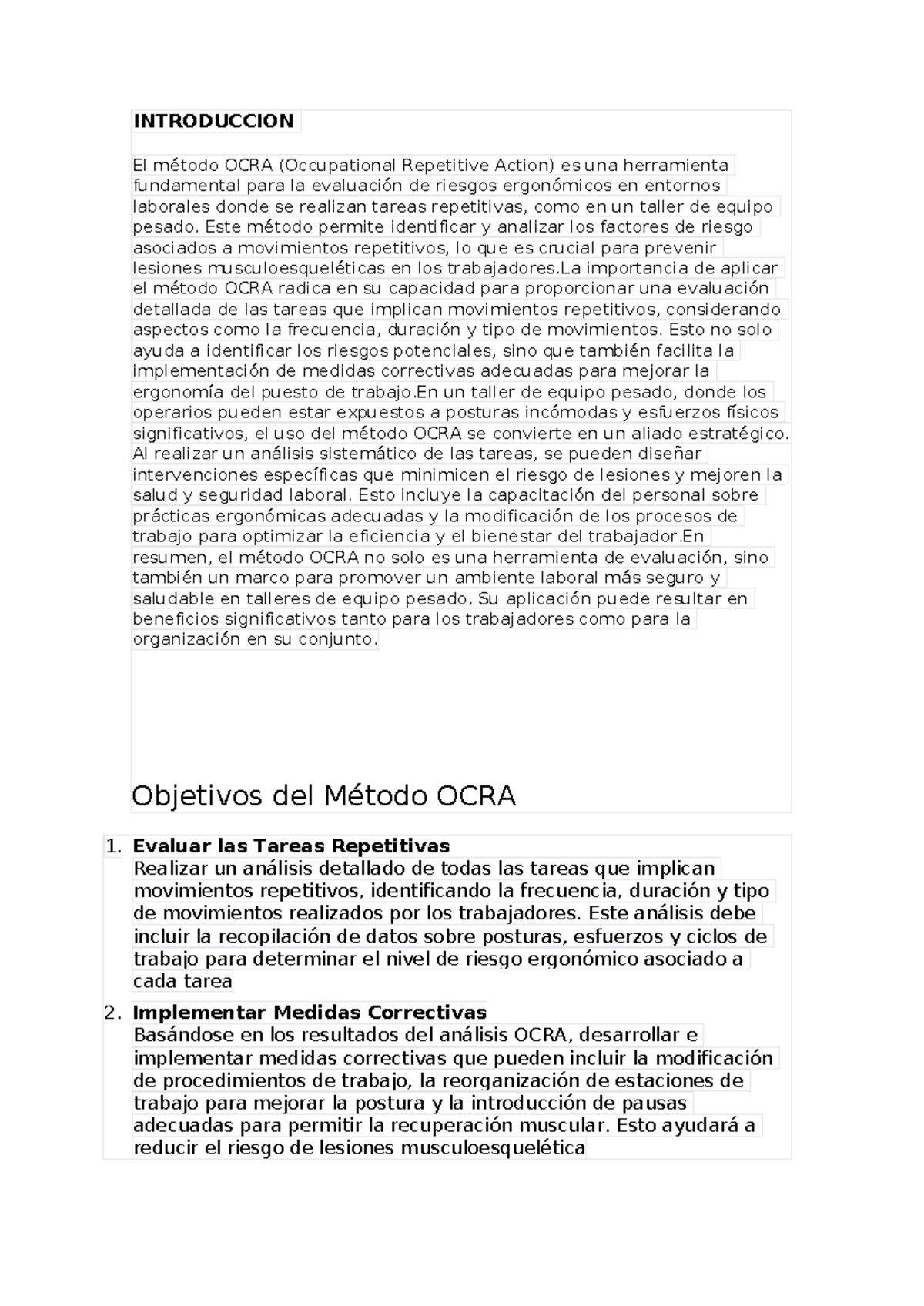 Trabajo EN Grupo 1 DE Ergonomia - INTRODUCCION El método OCRA ...