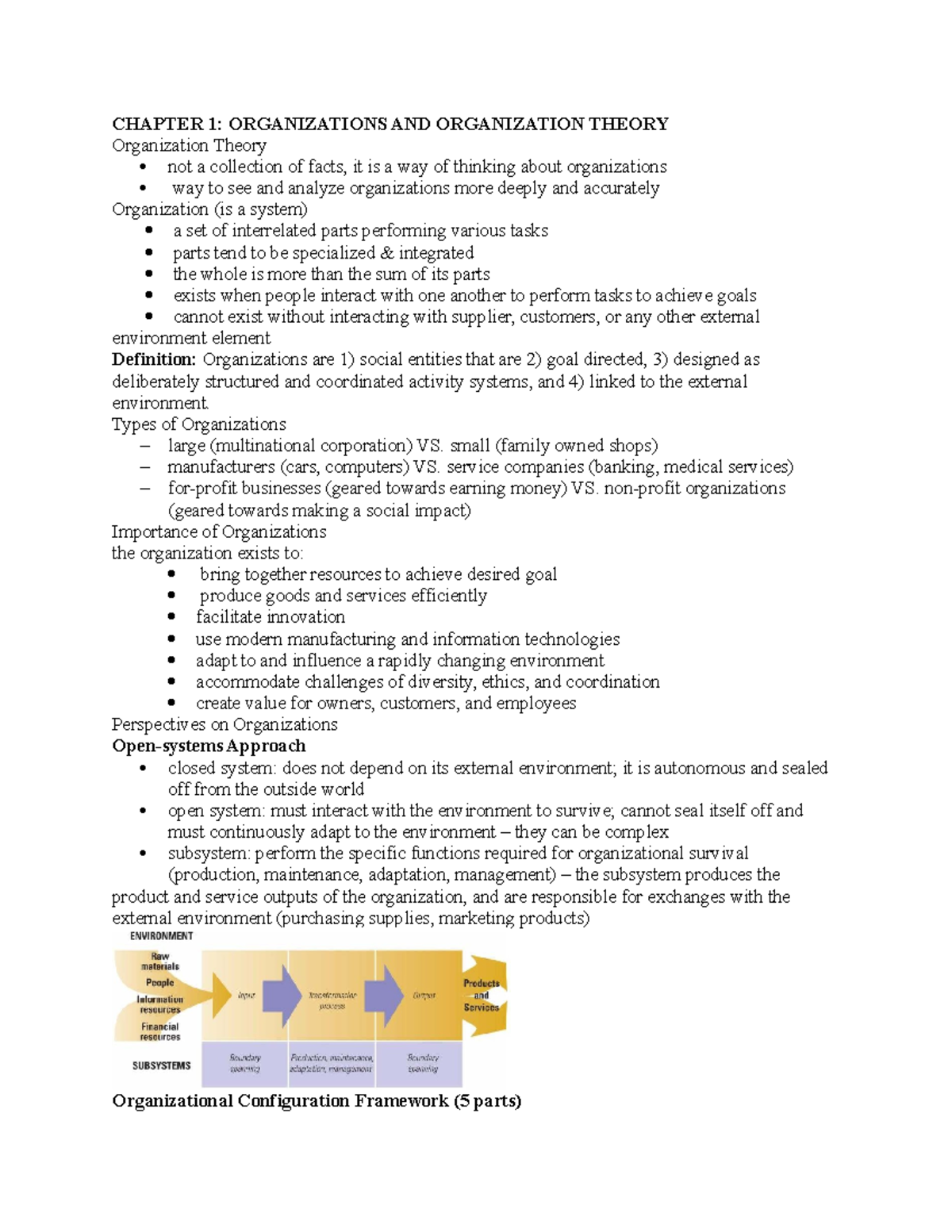 MANA 341 - Notes - CHAPTER 1: ORGANIZATIONS AND ORGANIZATION THEORY ...