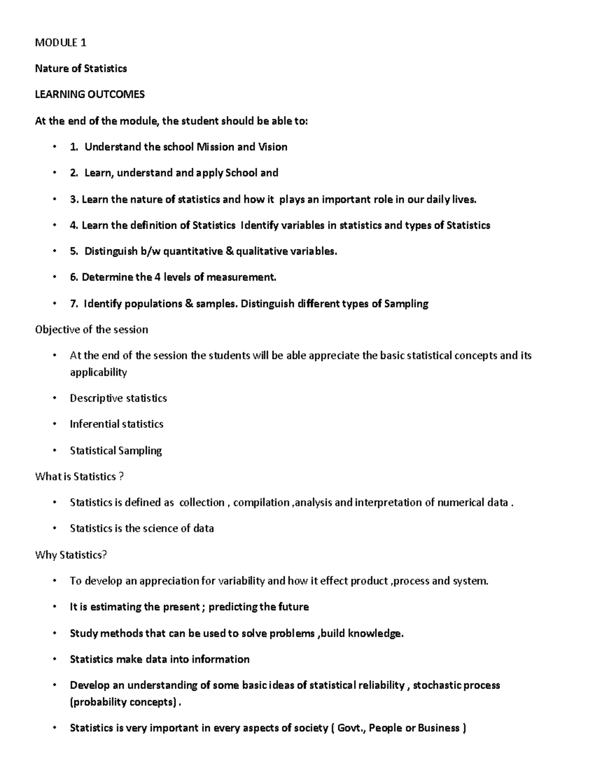 Stats- Module-1 - Crdts to my teacher - MODULE 1 Nature of Statistics ...