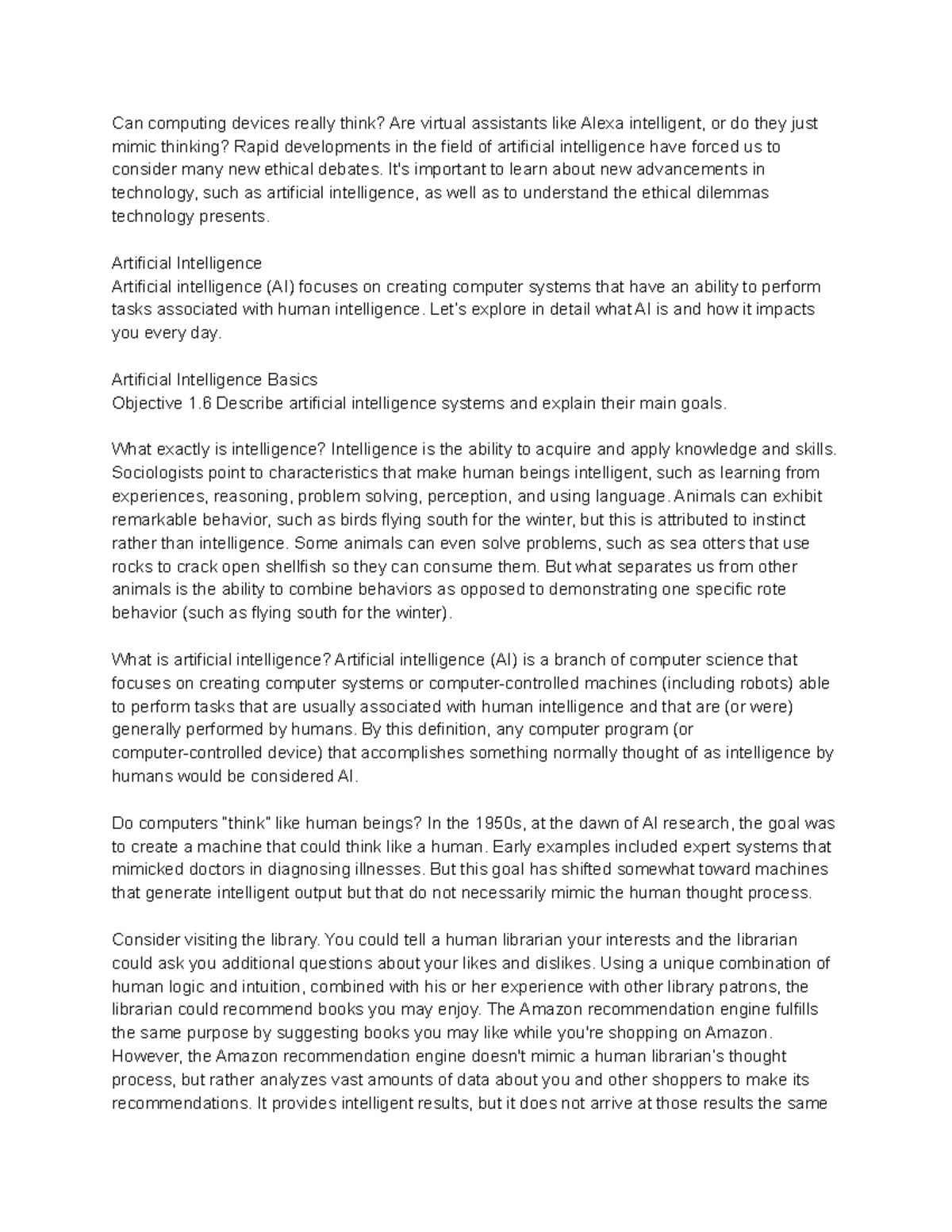 CIS textbook unit 1B - Can computing devices really think? Are virtual ...