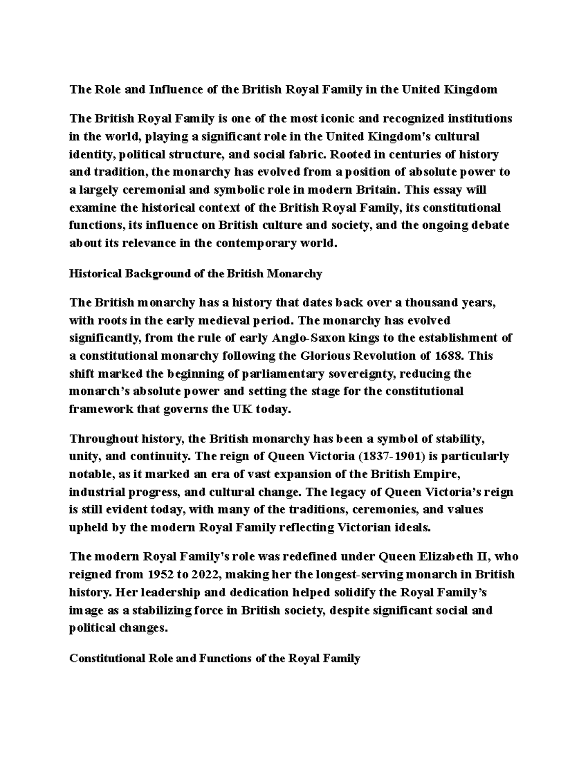 Essay - The Role and Influence of the British Royal Family in the ...