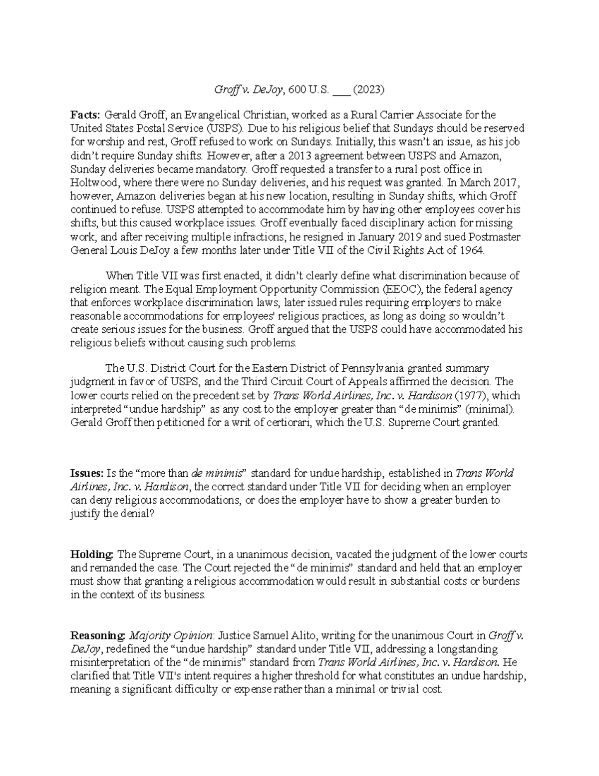 Groff v. De Joy - Case summary - Groff v. DeJoy, 600 U. ___ (2023 ...