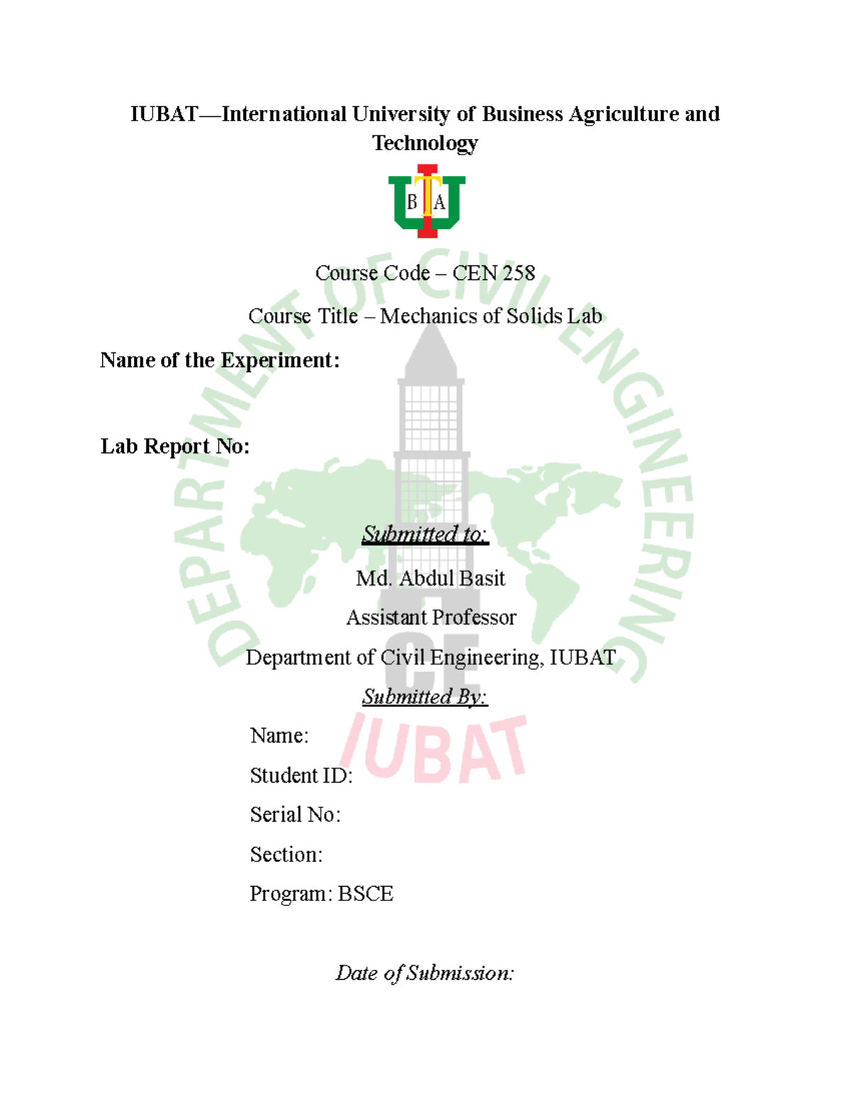 Mechanics of Solid Lab Front Page Iubat - IUBAT—International ...