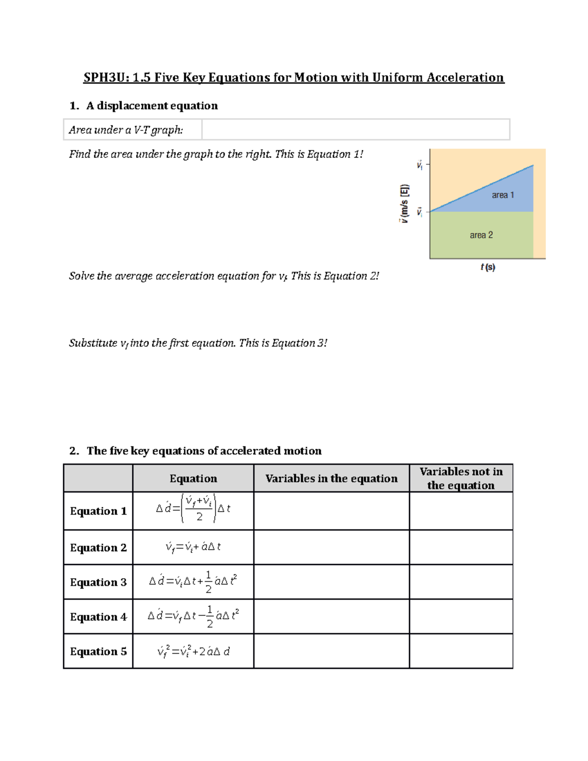 1.5 Five key equations for motion - SPH3U: 1 Five Key Equations for ...