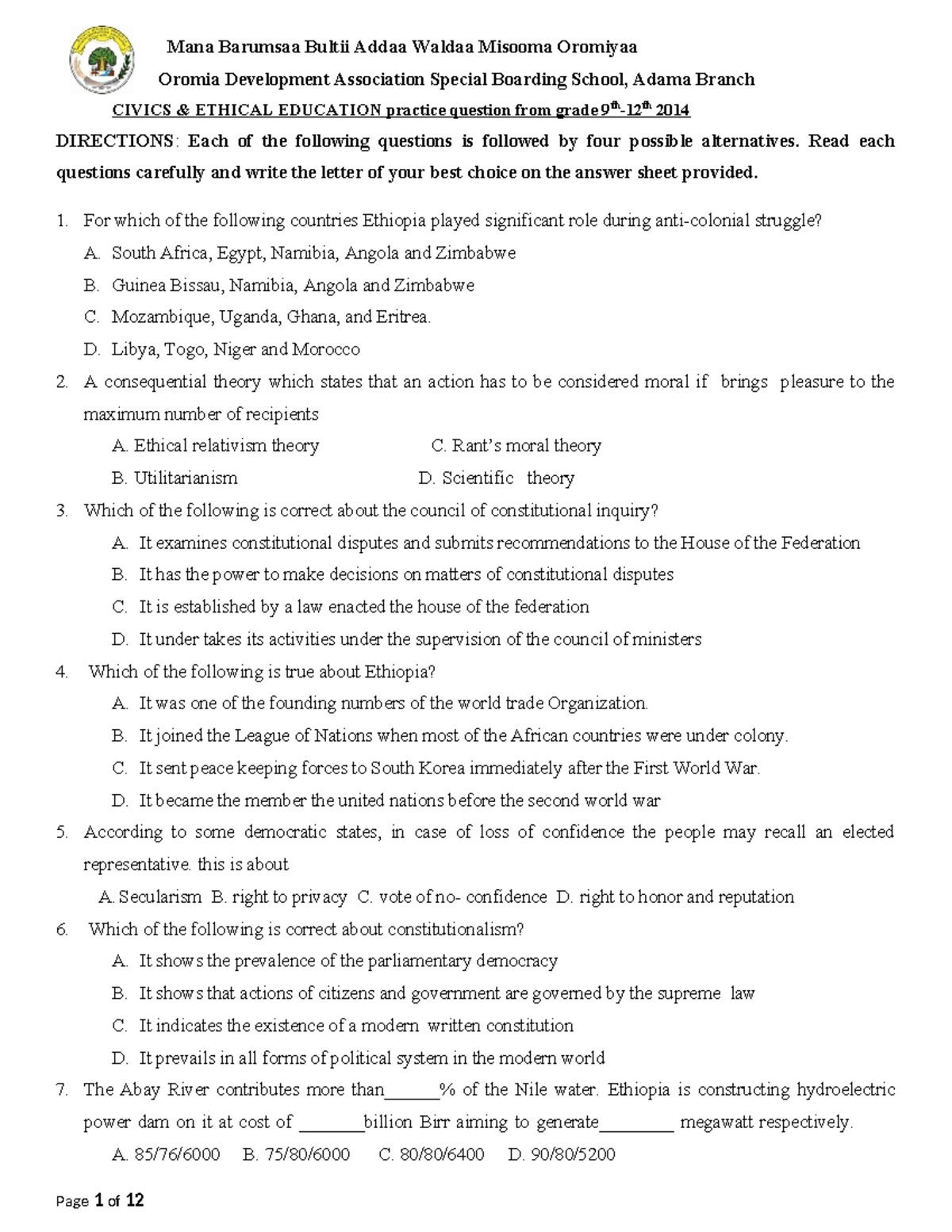 Civics practice question from grade 9th -12th - Mana Barumsaa Bultii ...