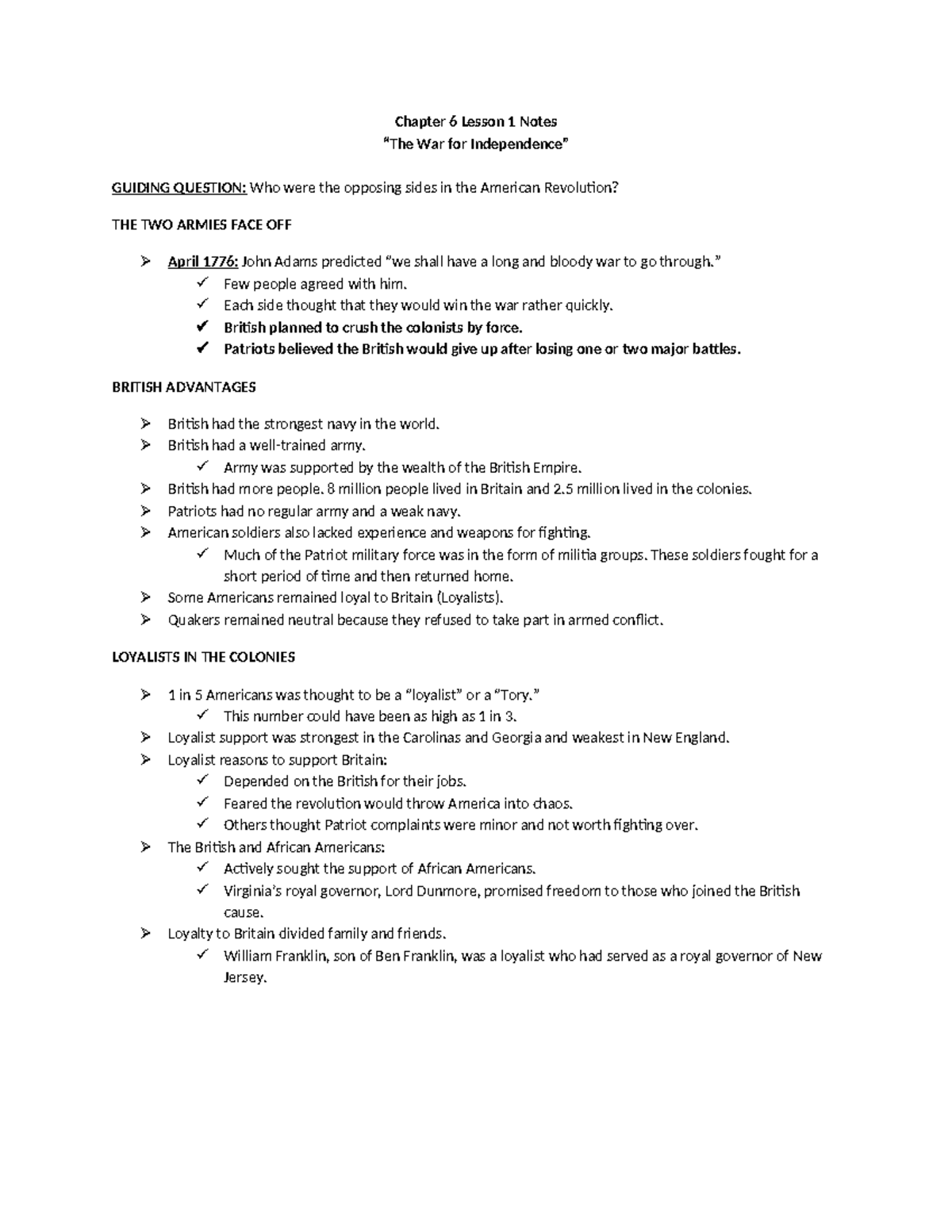US-Chapter 6 Lesson 1 Notes 2 - Chapter 6 Lesson 1 Notes “The War for ...