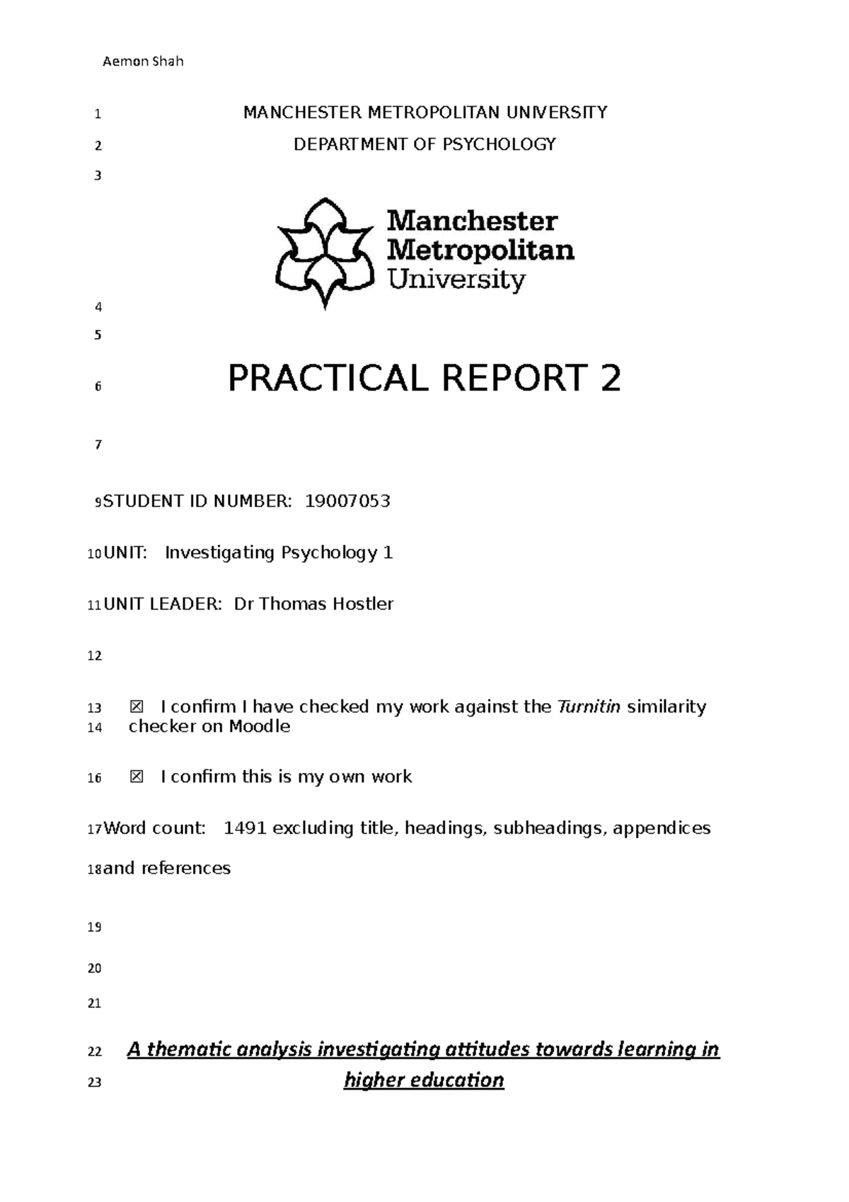 Prac report 2 write up - MANCHESTER METROPOLITAN UNIVERSITY DEPARTMENT ...