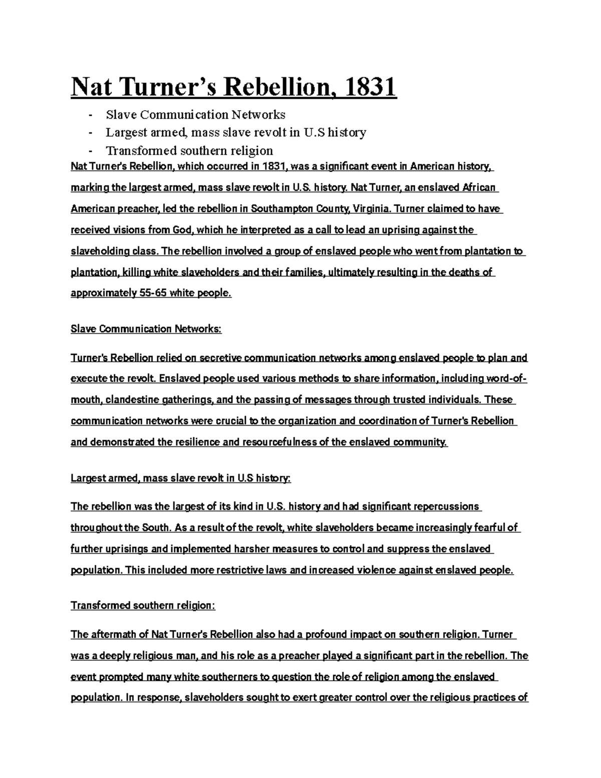 Nat Turner’s Rebellion, 1831 key questions - Nat Turner’s Rebellion ...