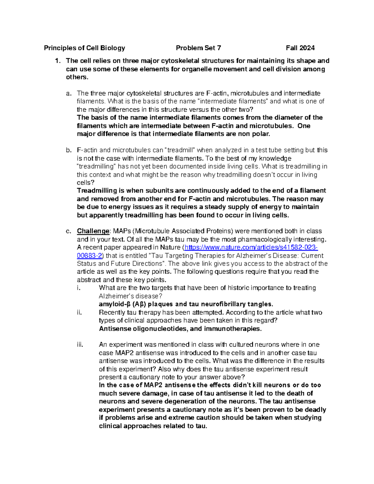 Problem Set 7 Fall 2024 - Principles of Cell Biology Problem Set 7 Fall 2024 1. The cell relies ...