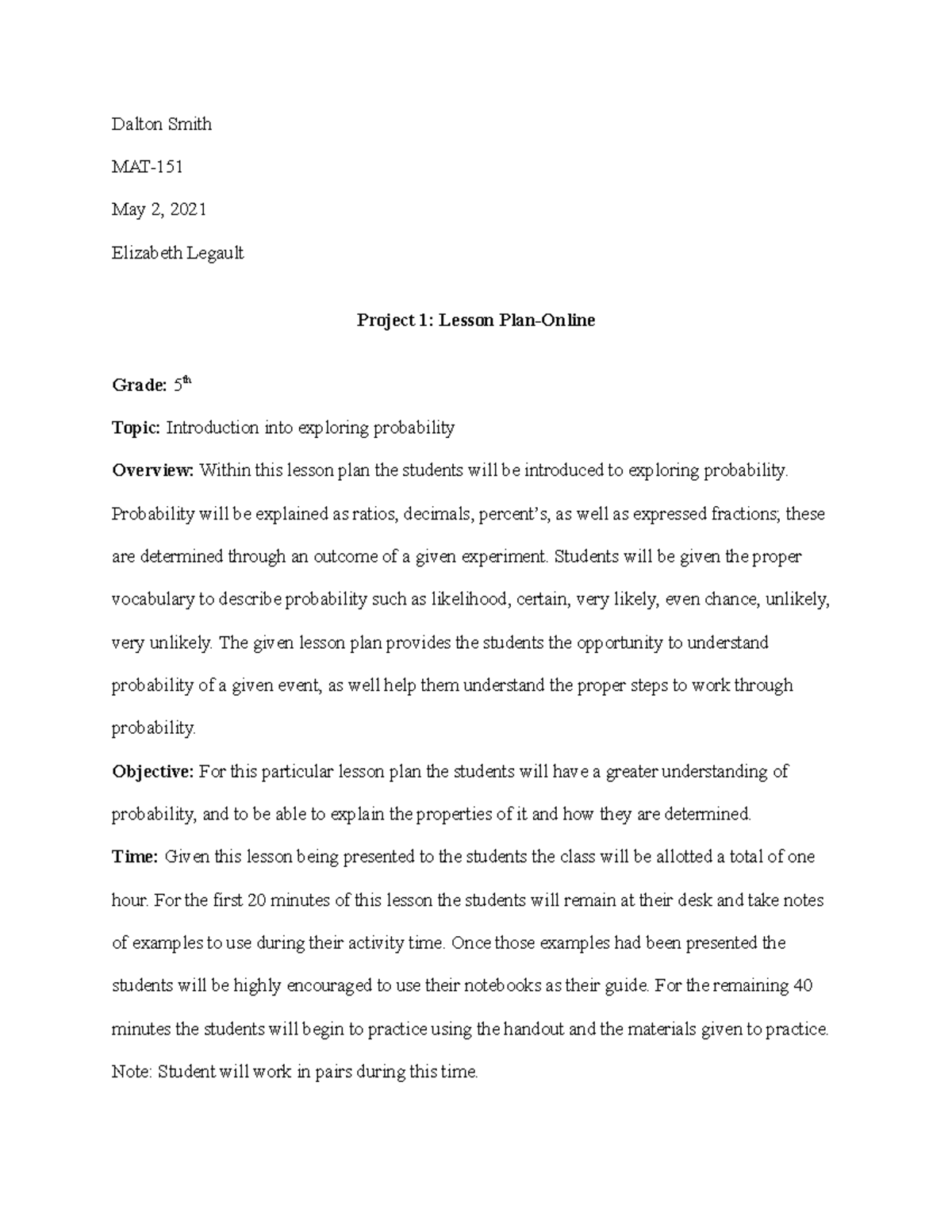 MAT-151 Project 1- Lesson Plan-Online - Dalton Smith MAT- May 2, 2021 ...