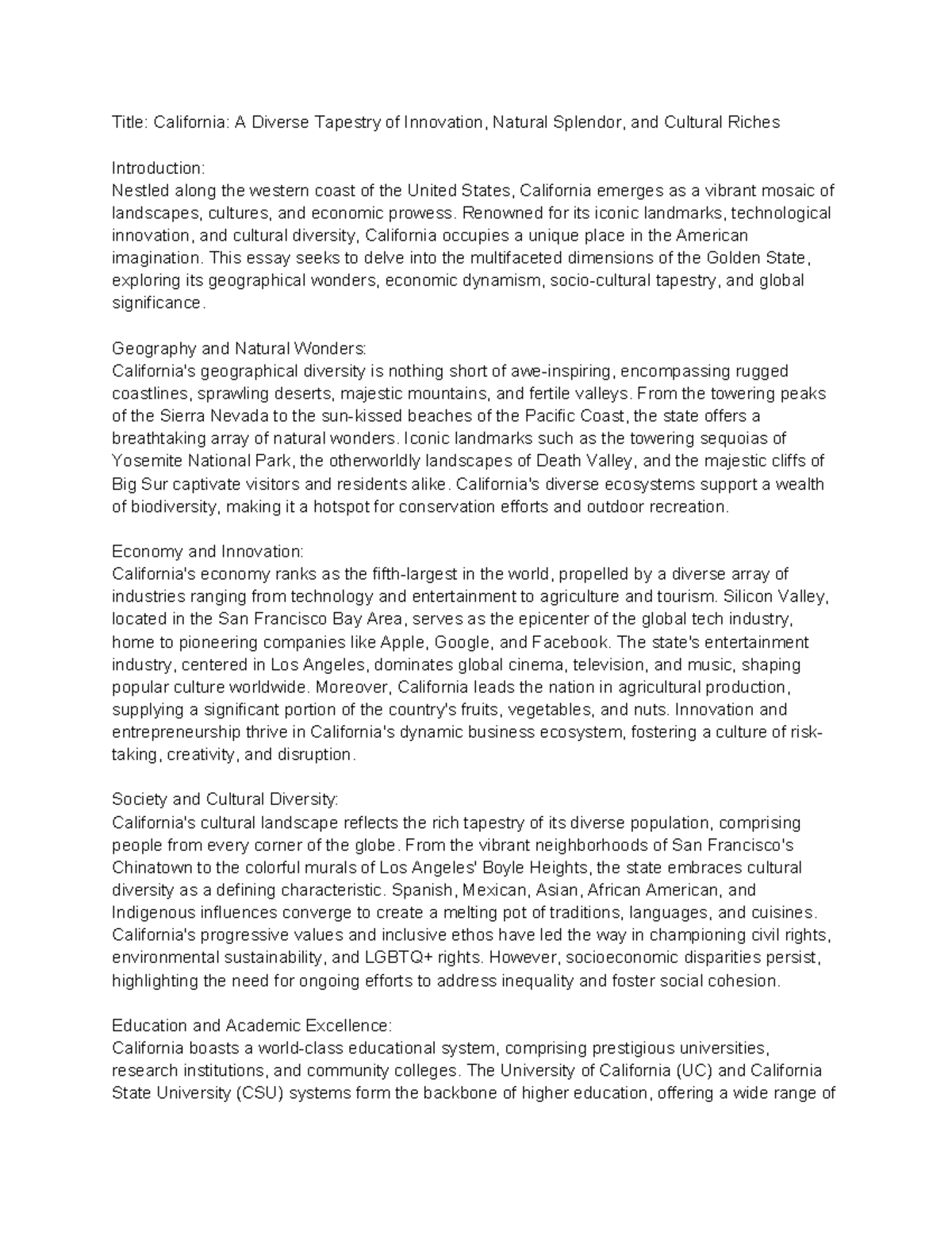 Title California A Diverse Tapestry of Innovation, Natural Splendor ...