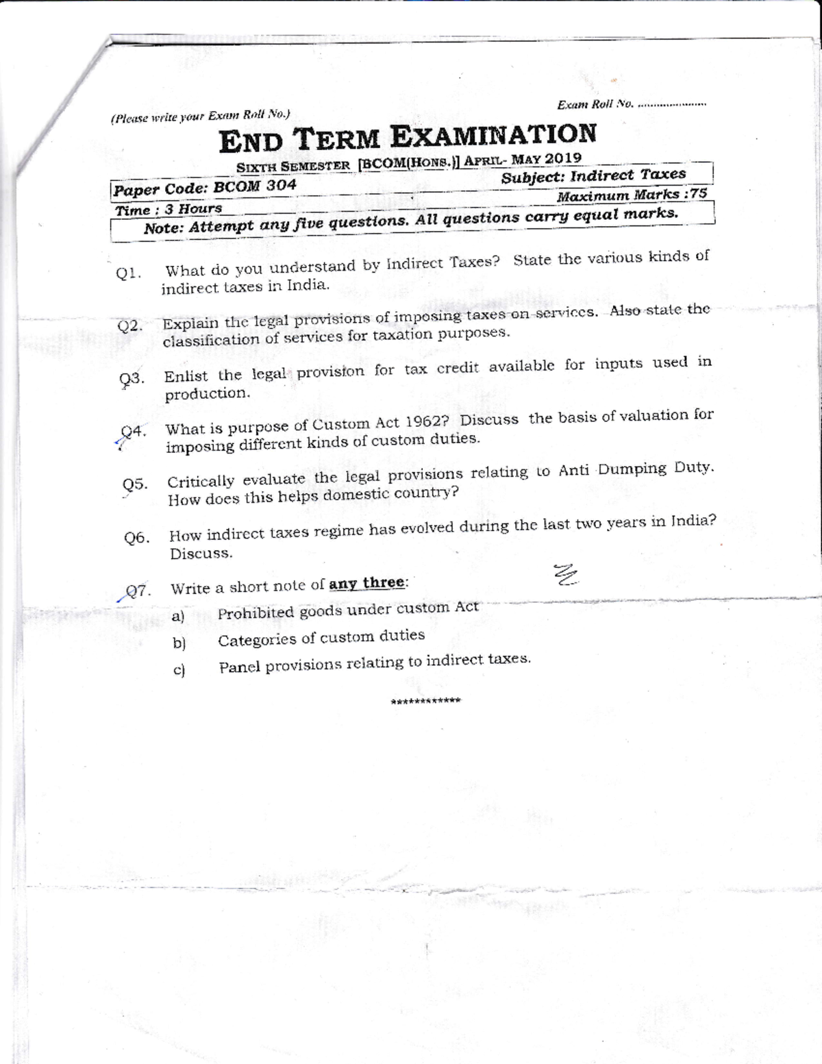 Bcom External Paper of year 2019 - F Exam RolI No ...