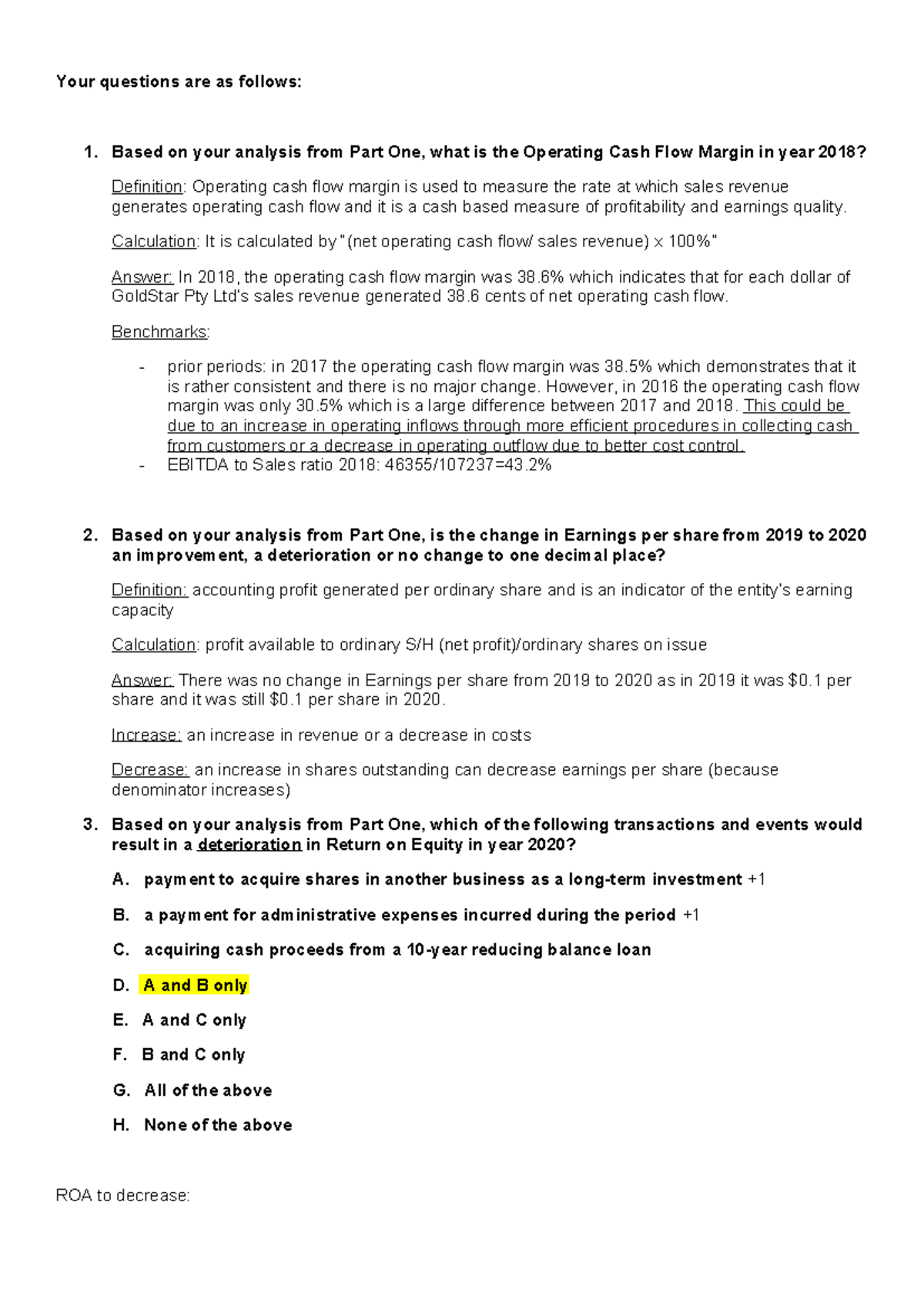 Assignment 2 questions - Your questions are as follows: 1. Based on ...