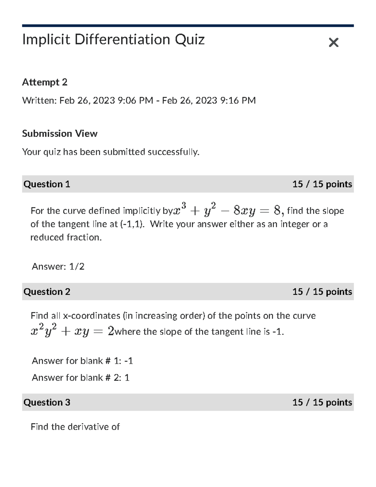 - Implicit Differentiation Quiz - Spring 2023 - Calculus I (MATH-1441 ...
