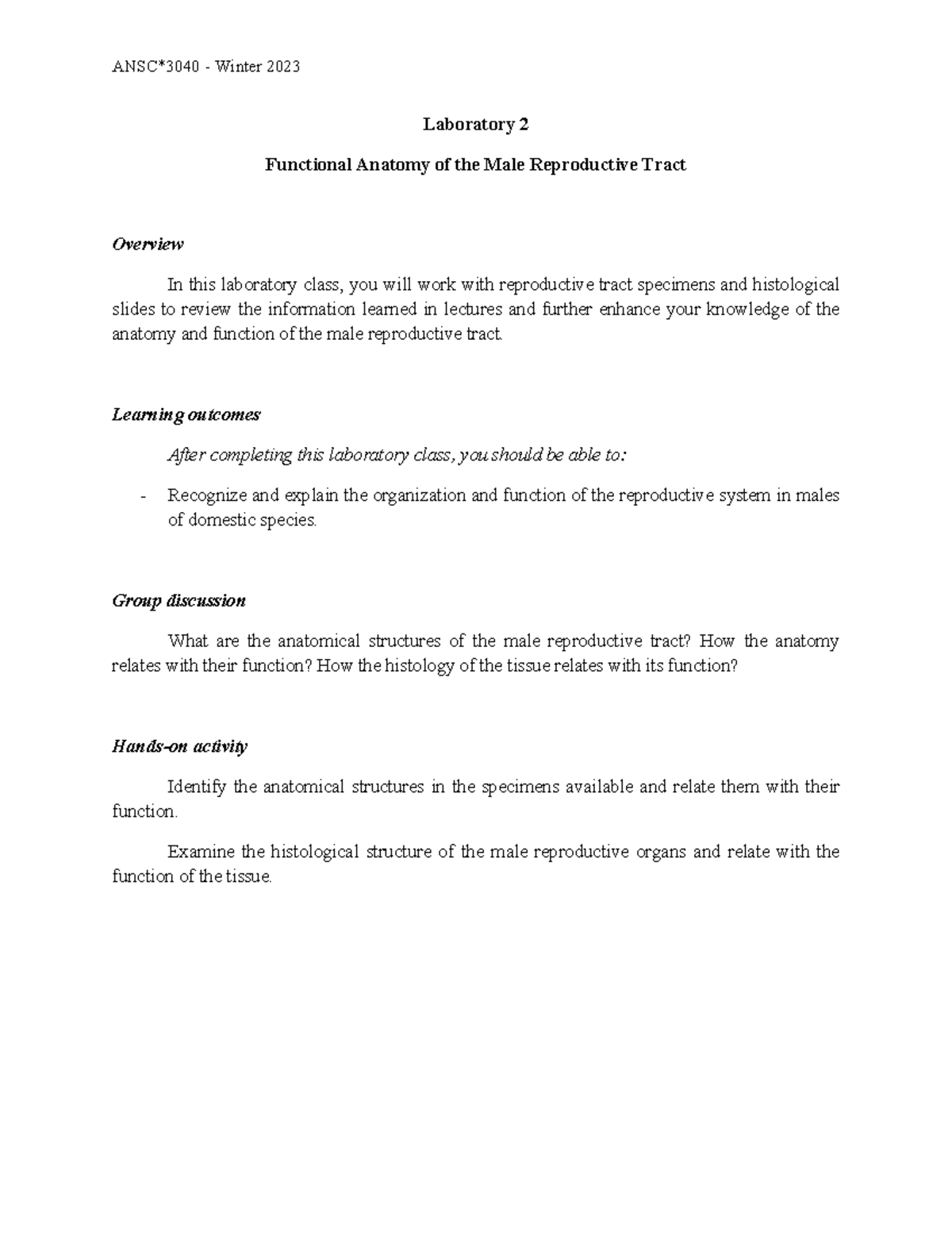 Lab 2 - lab 2 summary - Laboratory 2 Functional Anatomy of the Male ...