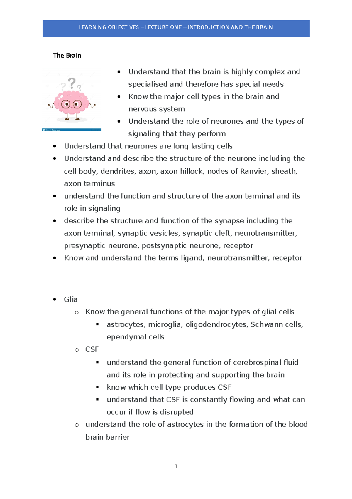 LSB231 Learning objectives lecture 1 Introduction and the brain - The ...