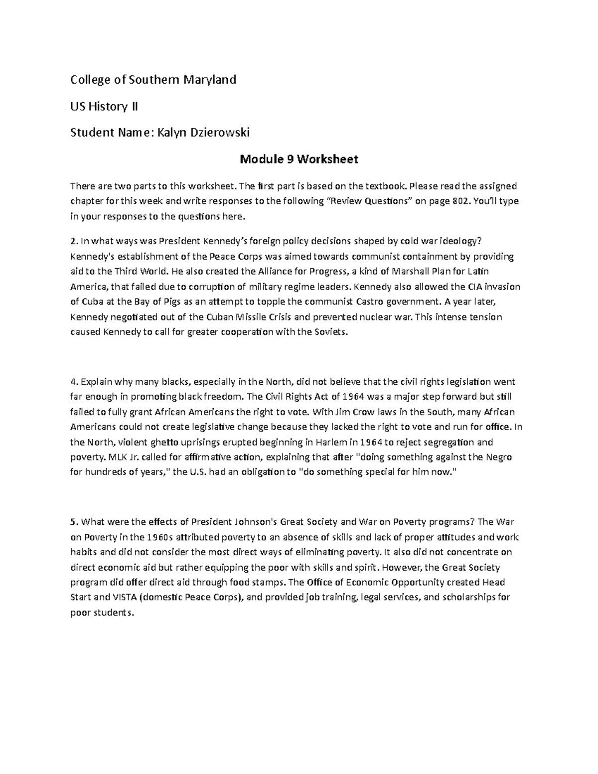 Module 9 Worksheet HST 1032 - College of Southern Maryland US History ...