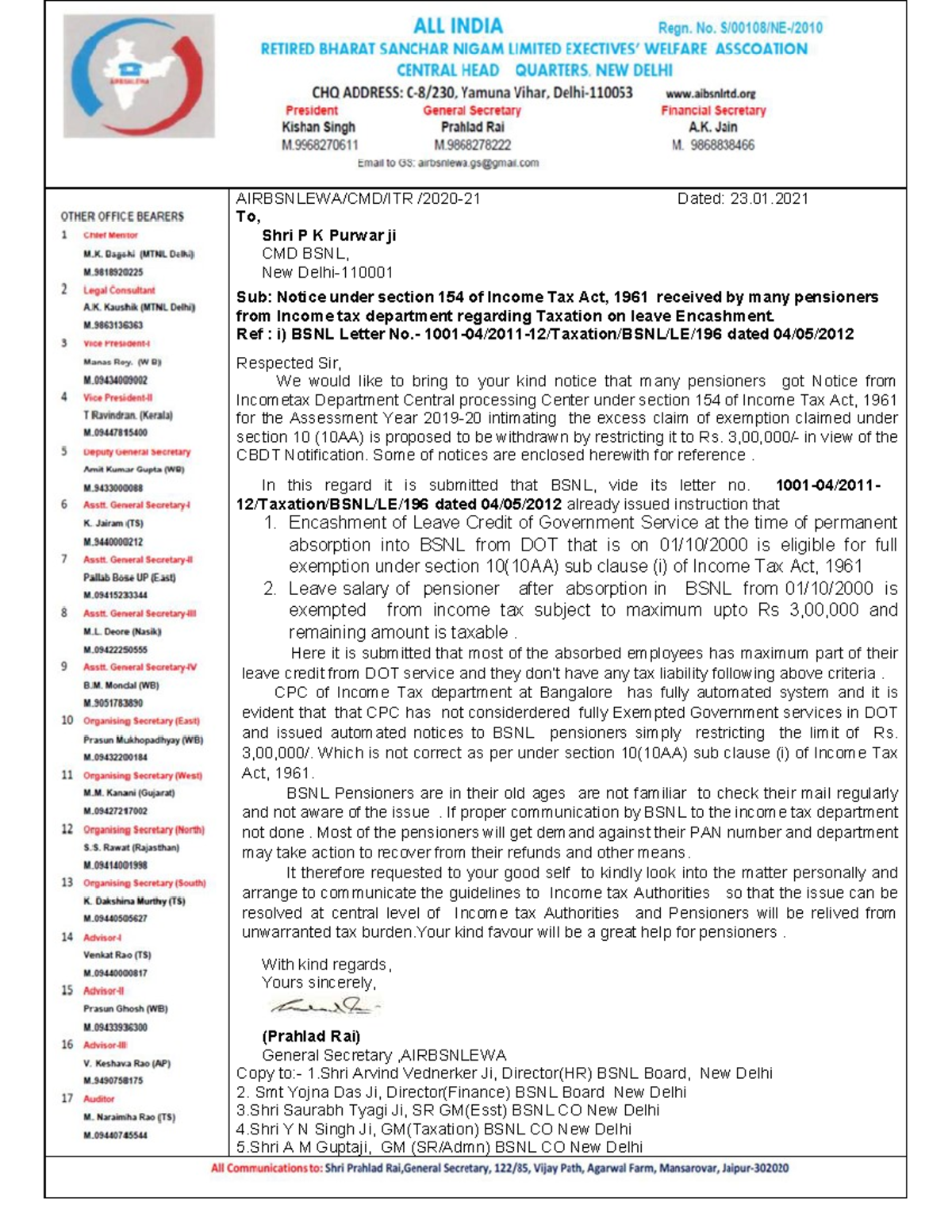 Cmd letter IT notice - AIRBSNLEWA/CMD/ITR /2020-21 Dated: 23. To, Shri ...