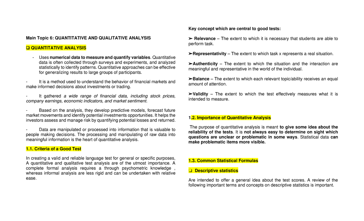 MAIN Topic 6&7 - Main Topic 6: QUANTITATIVE AND QUALITATIVE ANALYSIS QUANTITATIVE ANALYSIS ...